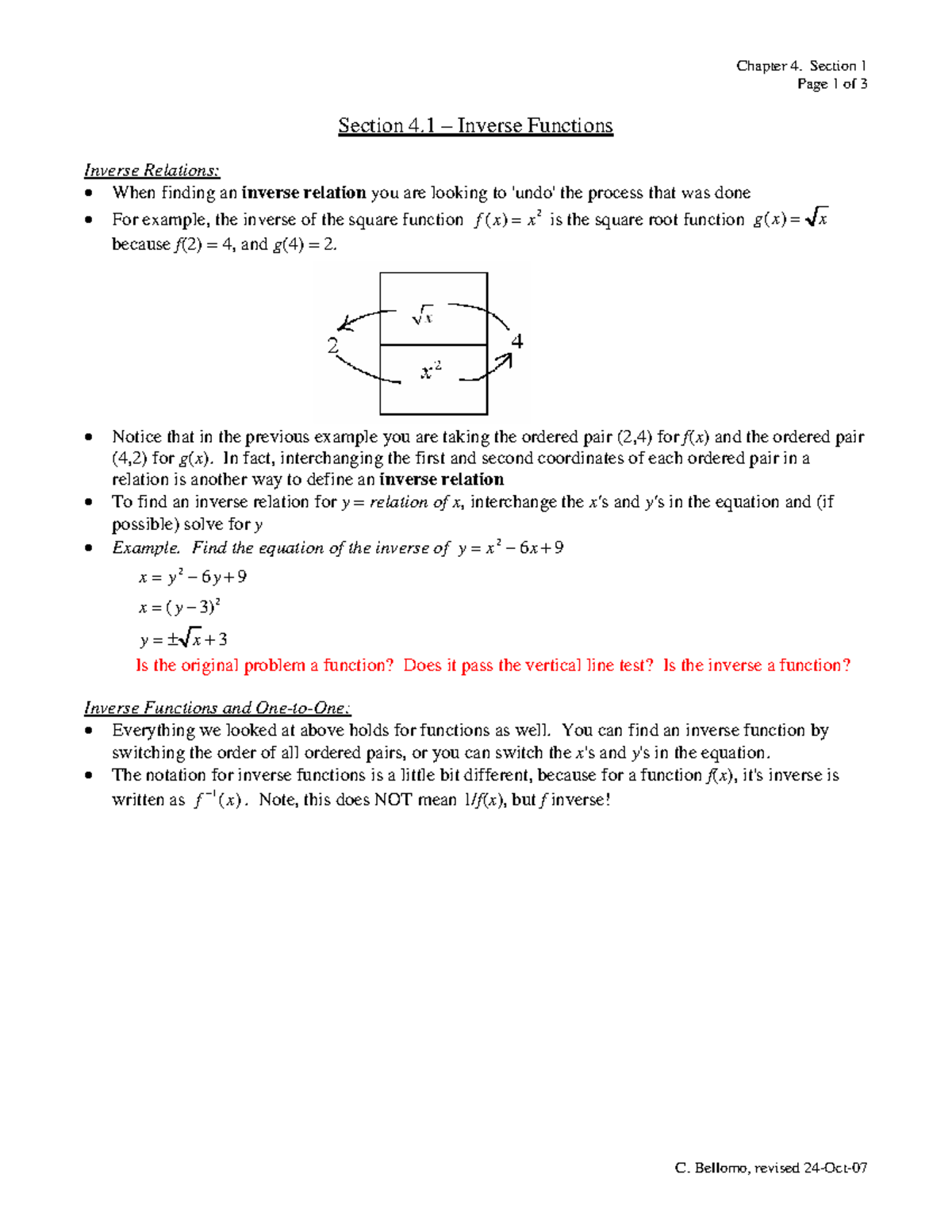 Ch04-Sect01 math 124 2010 - Chapter 4. Section 1 Page 1 of 3 Section 4 Inverse Functions Inverse ...