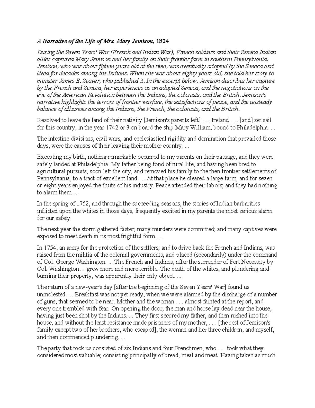 Jemison, Seven Years War - A Narrative of the Life of Mrs. Mary Jemison ...