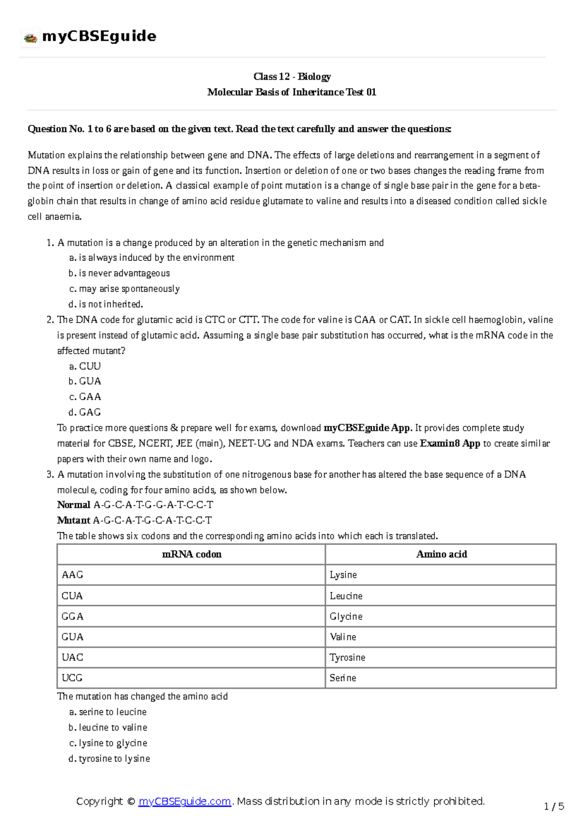 12 biology molecularbasisofinheritance tp01 - Class 12 - Biology ...