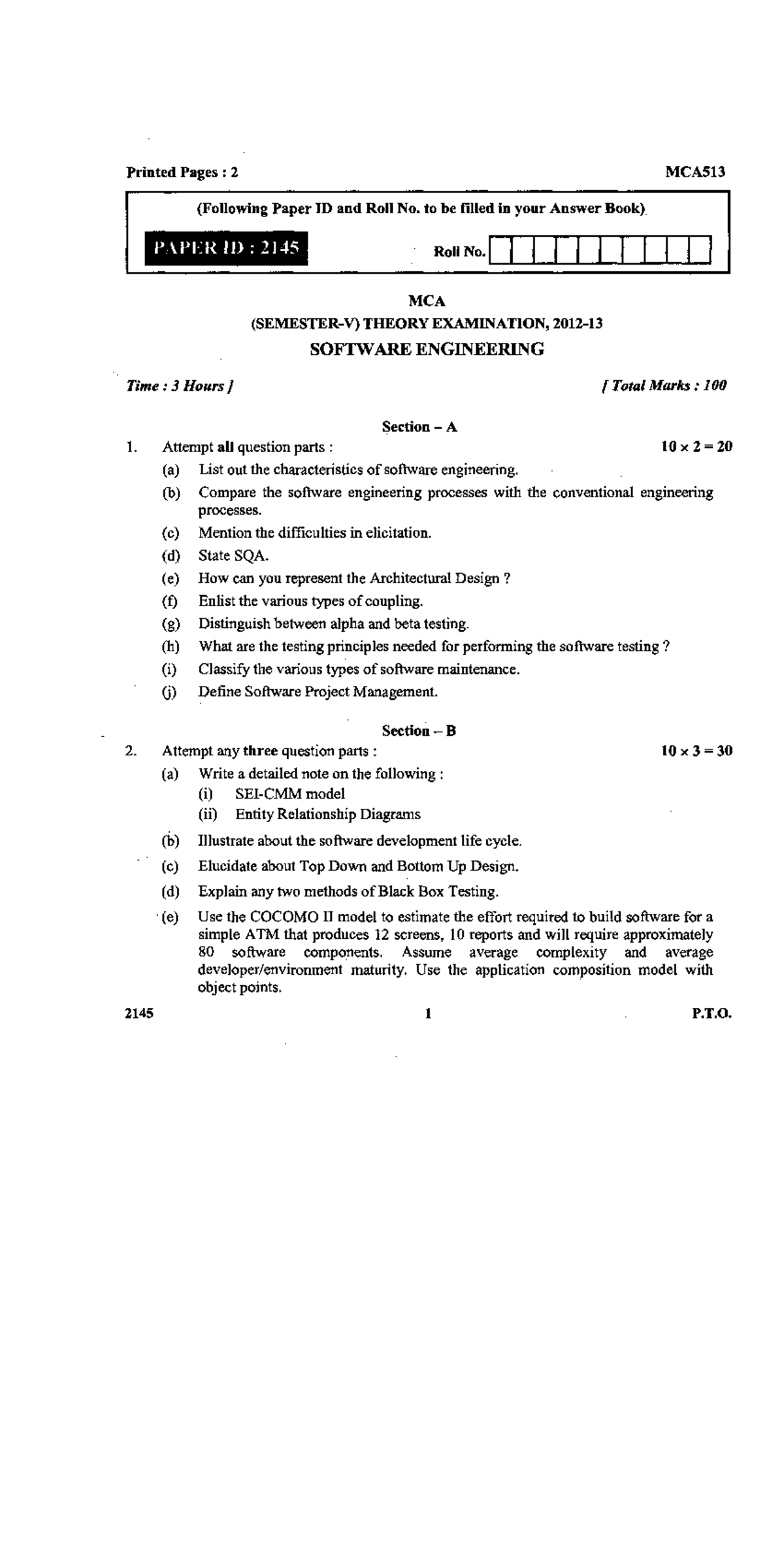 Univ Question Paper - Software Engineeing - Studocu