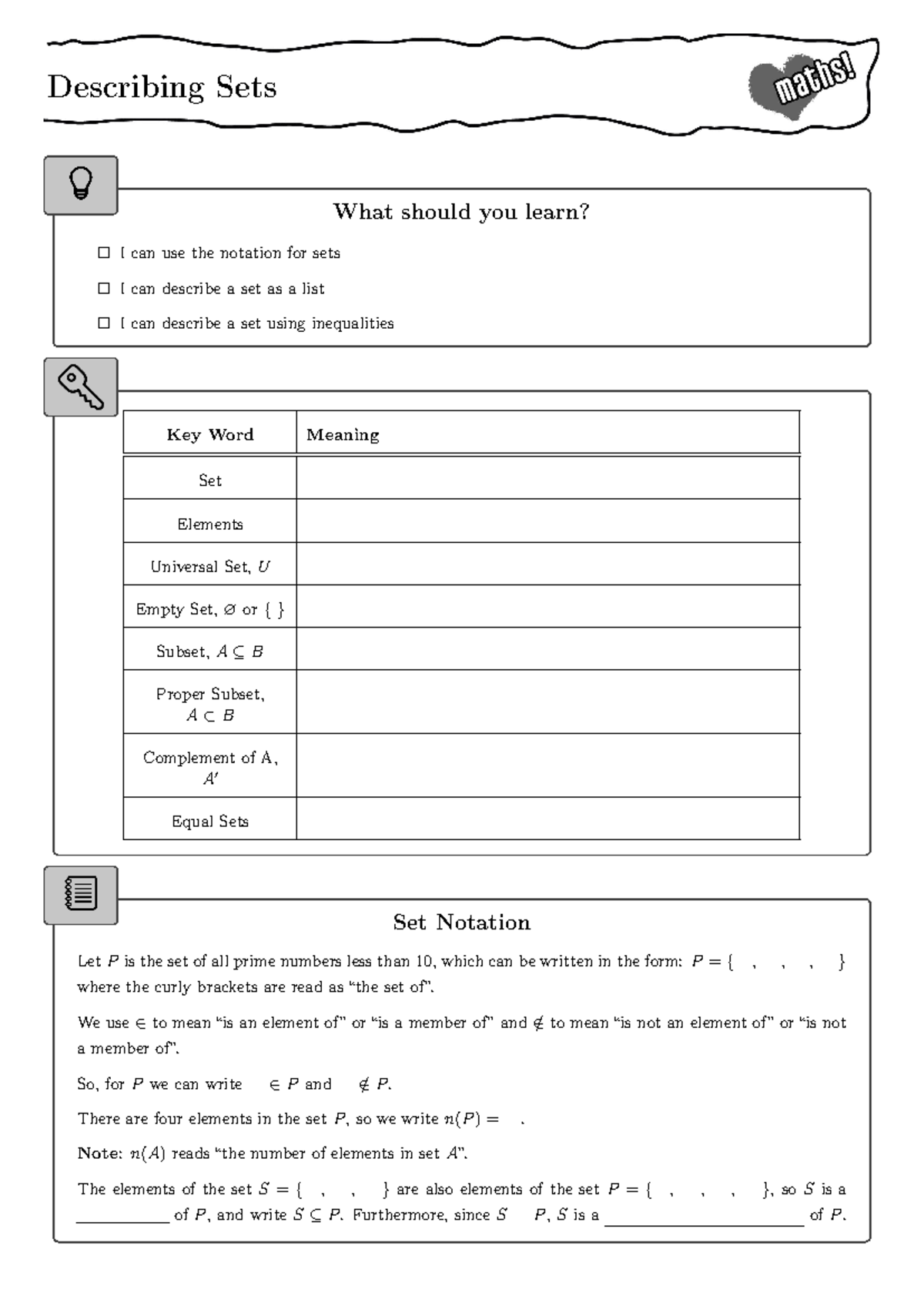 01 Describing Sets - Describing Sets What should you learn? I can use ...