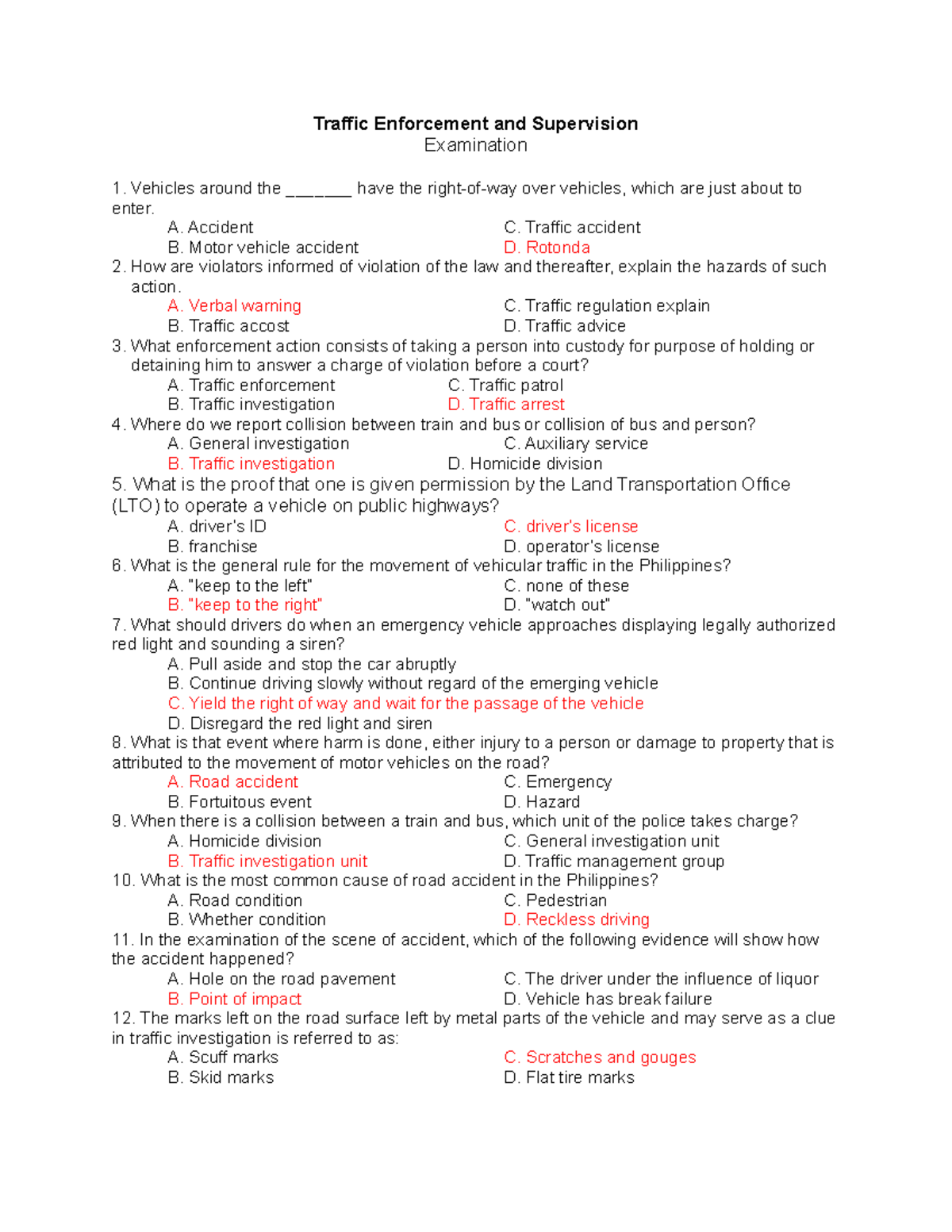 Traffic Enforcement and Supervision with Ans key - Traffic Enforcement ...