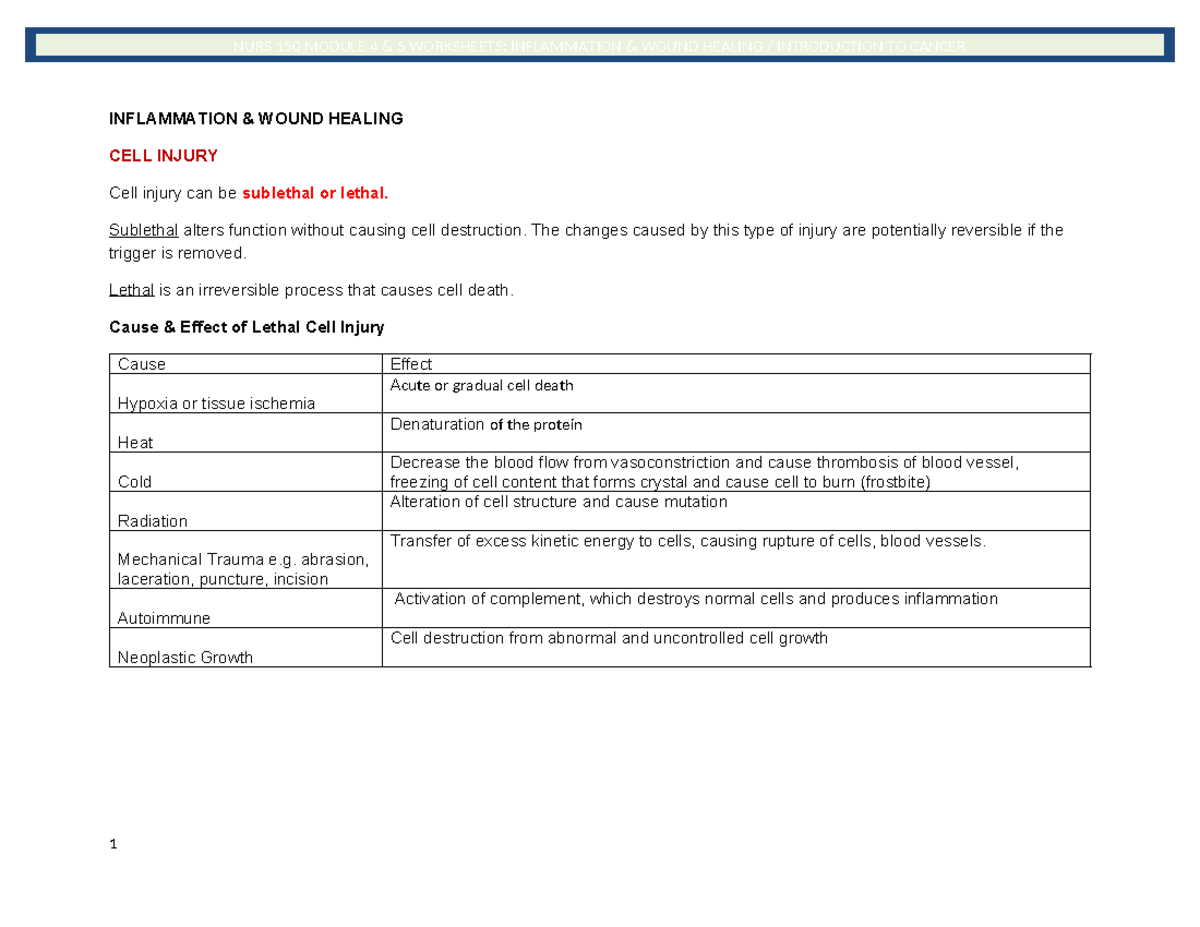 Modules 4 & 5 Worksheet - INFLAMMATION & WOUND HEALING CELL INJURY Cell injury can be sublethal ...