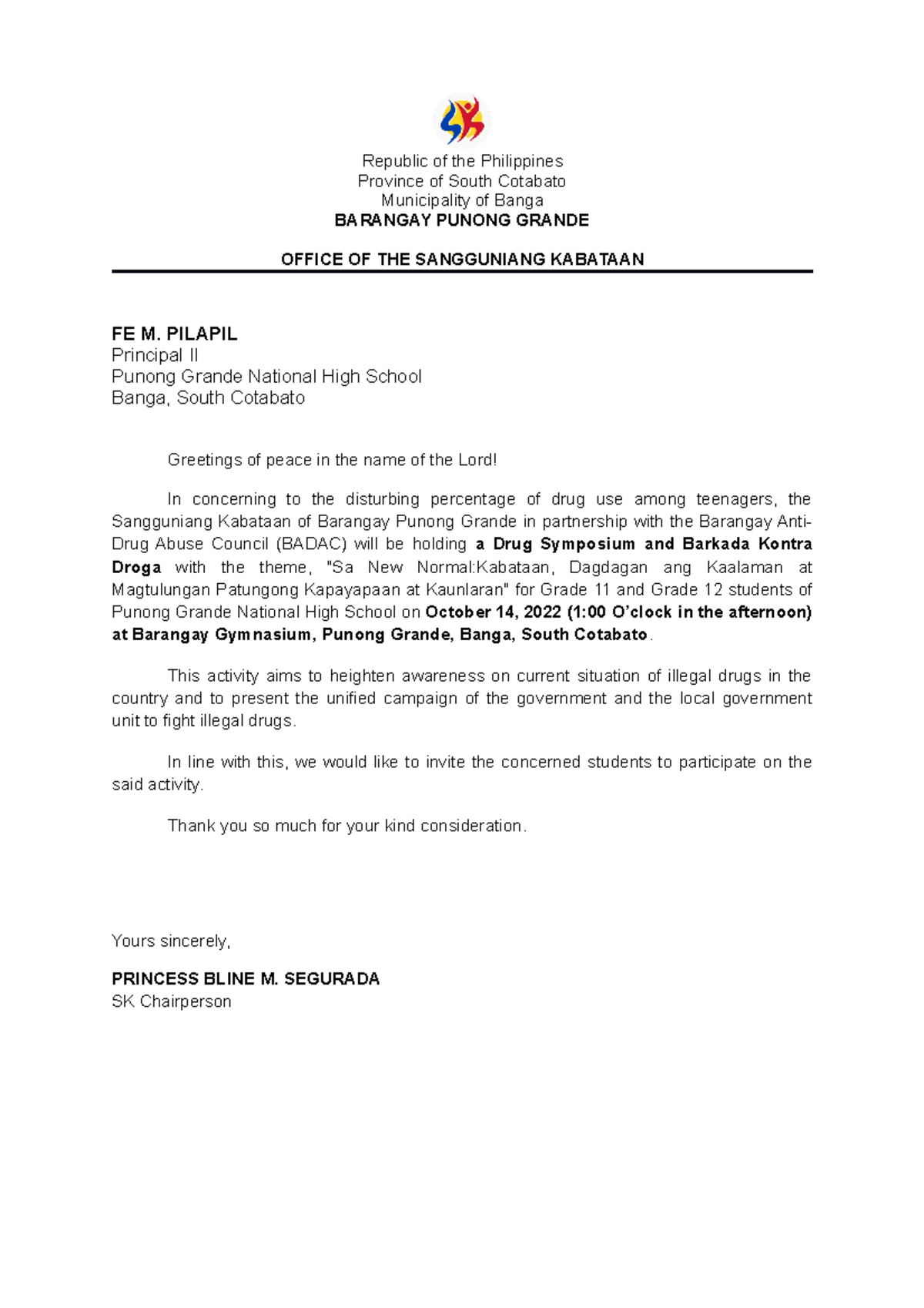 Letter to principal wo notation - Republic of the Philippines Province ...