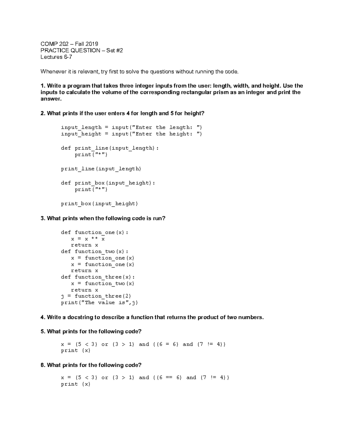 COMP 202 Question Set 2 - PRATICE SET QS2 - COMP 202 3 Fall 2019 ...