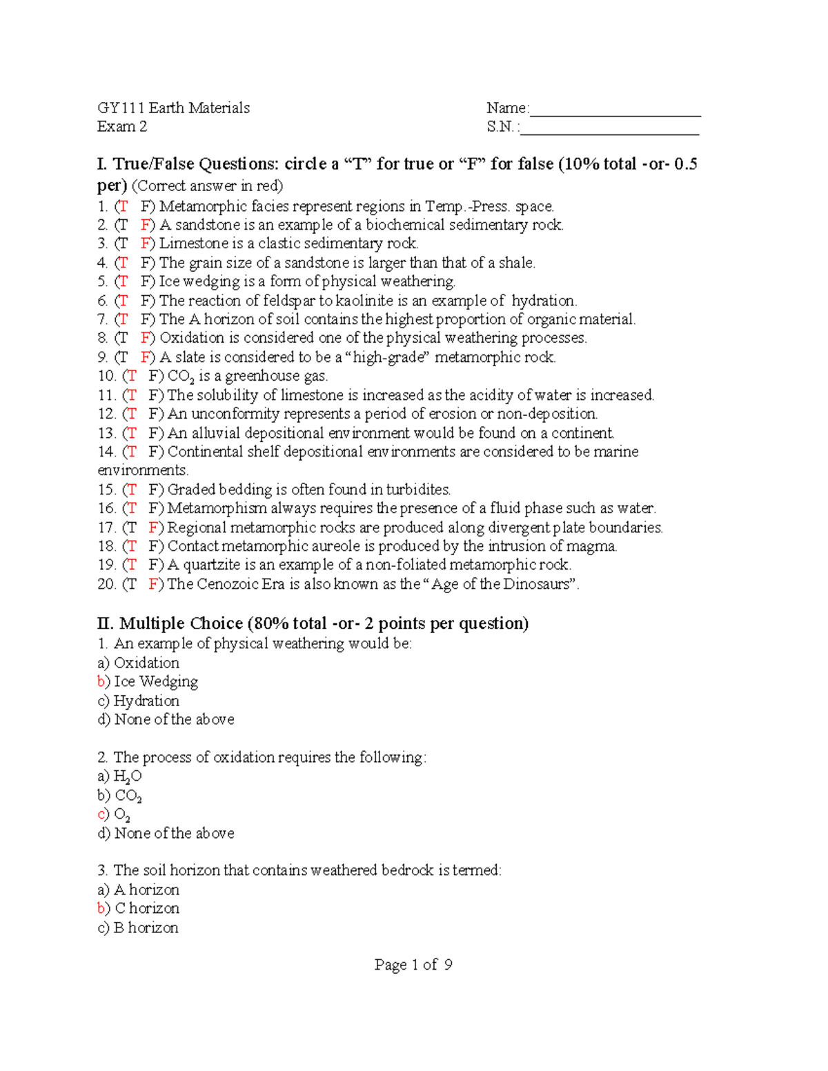 Sample Test 2 Key - Test - Exam 2 S.:______________________ I. True ...