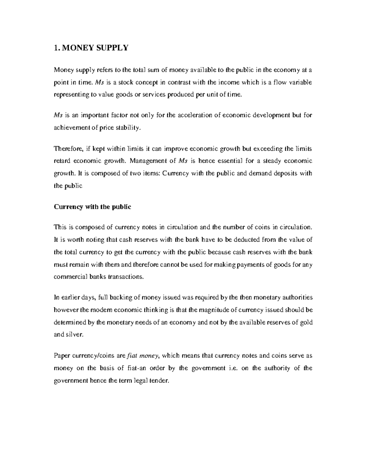 Money Supply - Lecture notes on Monetary economics - 1. MONEY SUPPLY ...