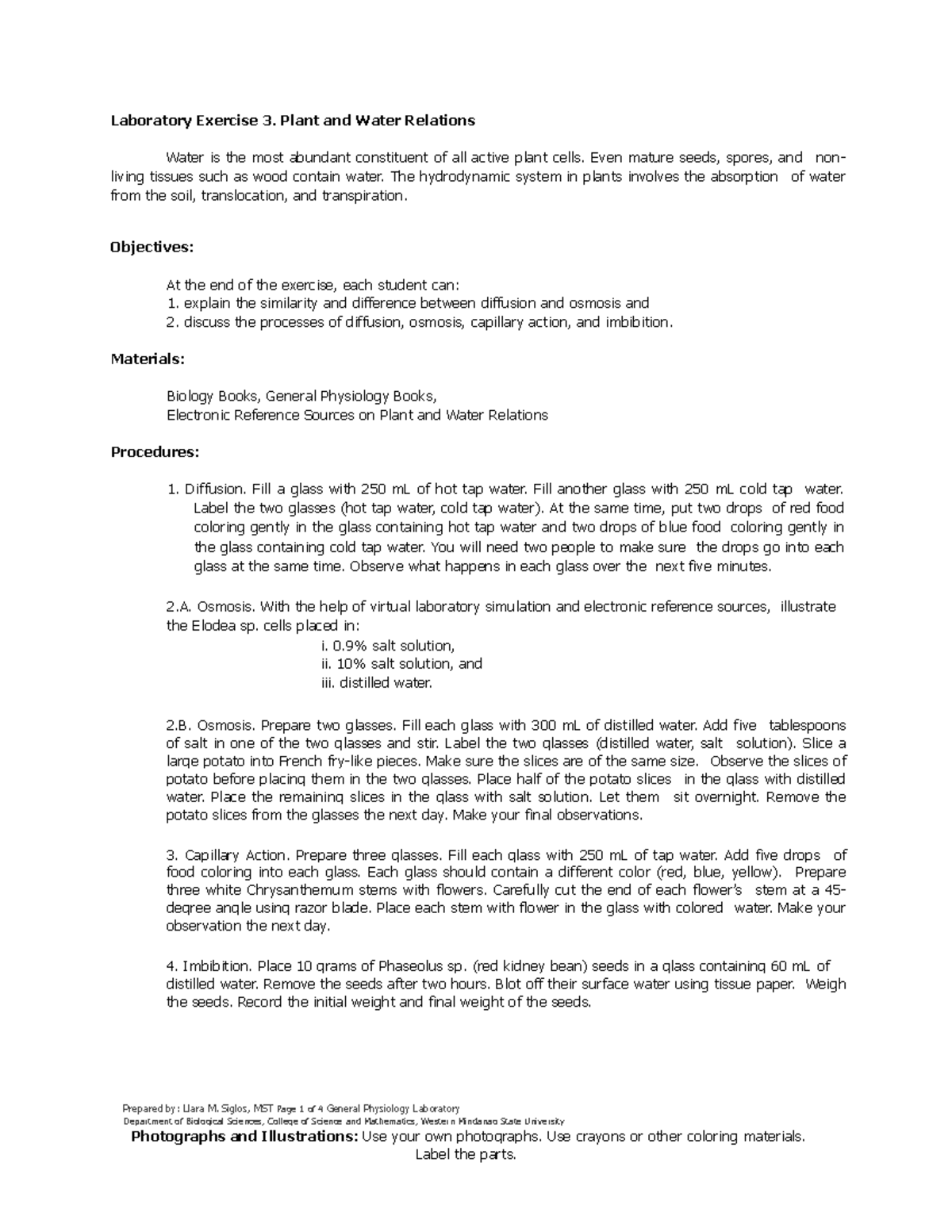 Exercise-3 General Physiology - Laboratory Exercise 3. Plant and Water ...