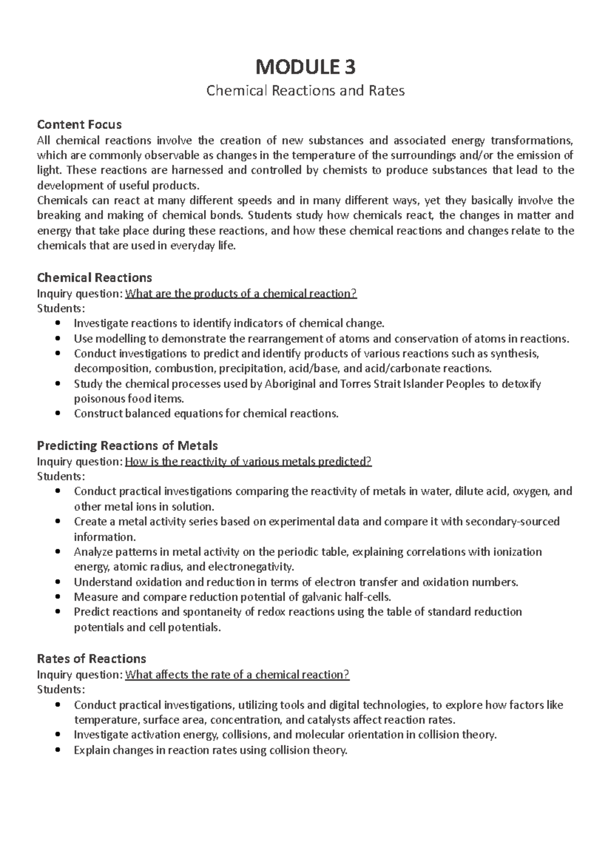 Module 3 - outline - MODULE 3 Chemical Reactions and Rates Content ...
