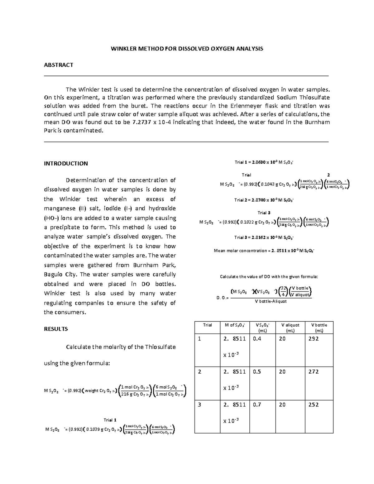 Winkler Method FOR Dissolved Oxygen Analysis - WINKLER METHOD FOR DISSOLVED OXYGEN ANALYSIS ...