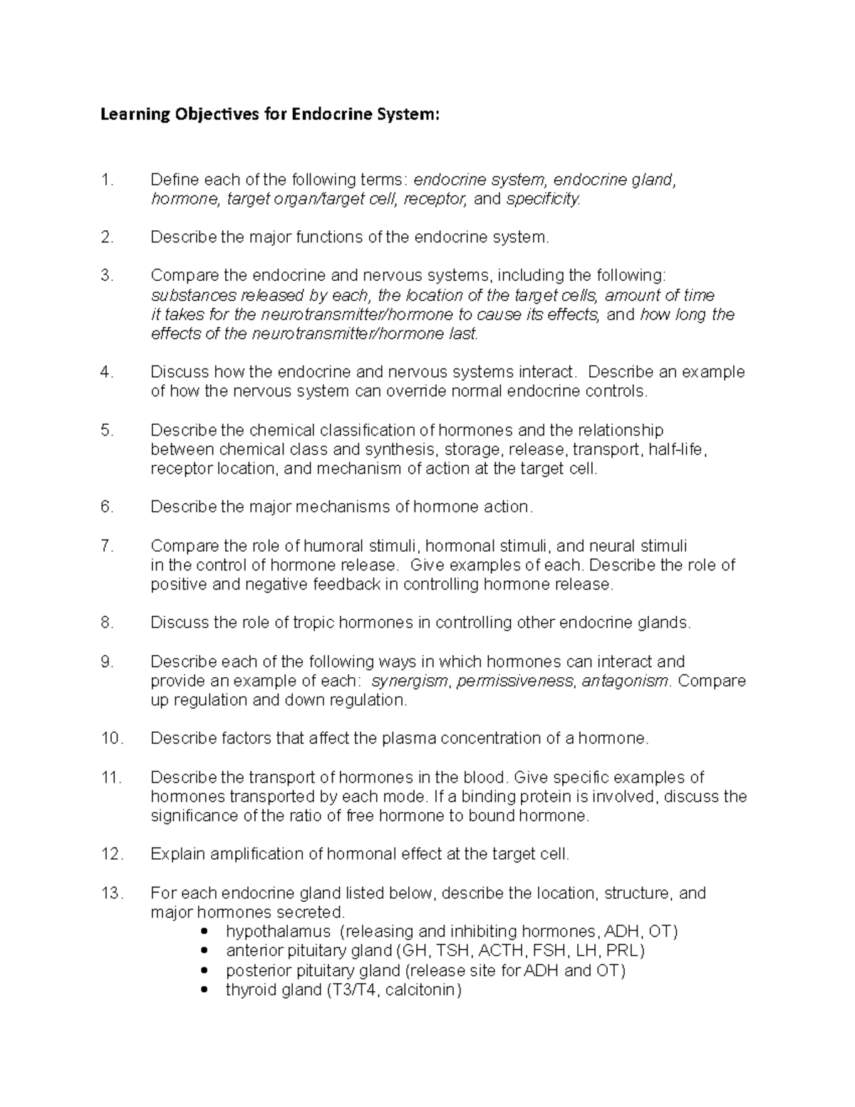 Learning Objectives for Endocrine System - BIOL-2402 - ACC - Studocu