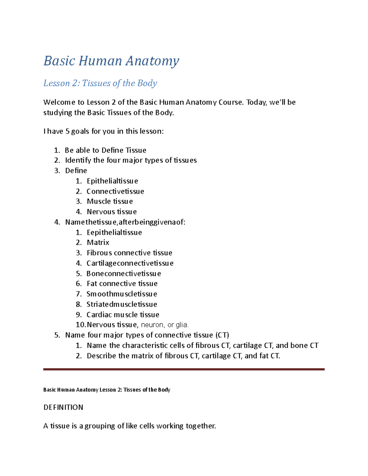 Basic Human Anatomy - notes - Basic Human Anatomy Lesson 2: Tissues of ...