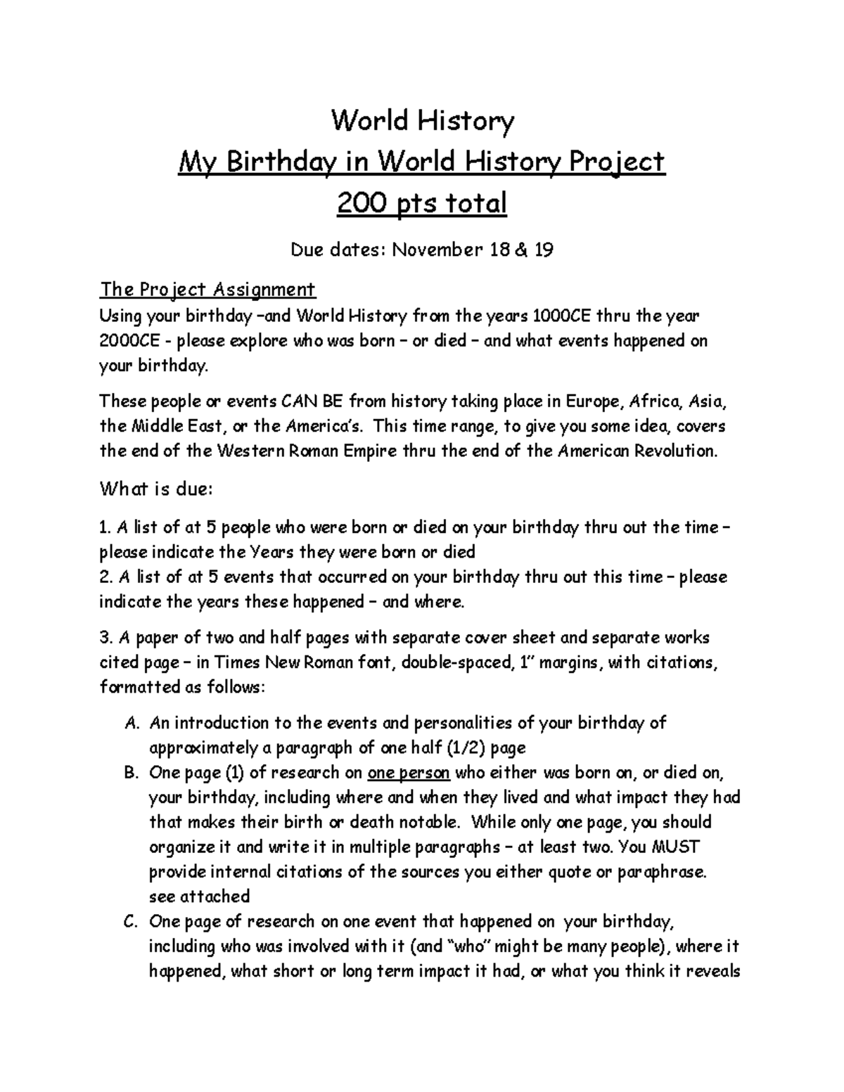 2021 Fall Sememster Project - World History - World History My Birthday ...