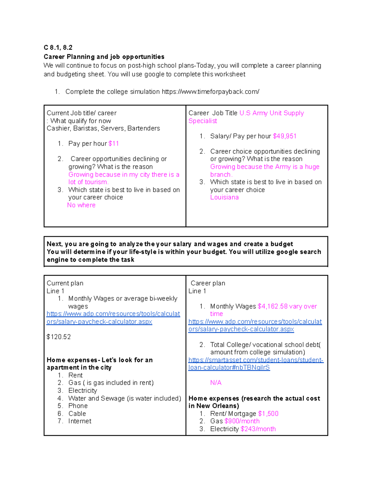 Janell Young - Career budget analysis - C 8, 8. Career Planning and job ...