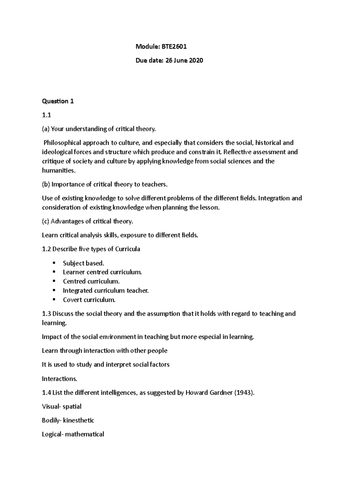 BTE2601 Assignment 2 being a proffessional teacher - Module: BTE Due ...