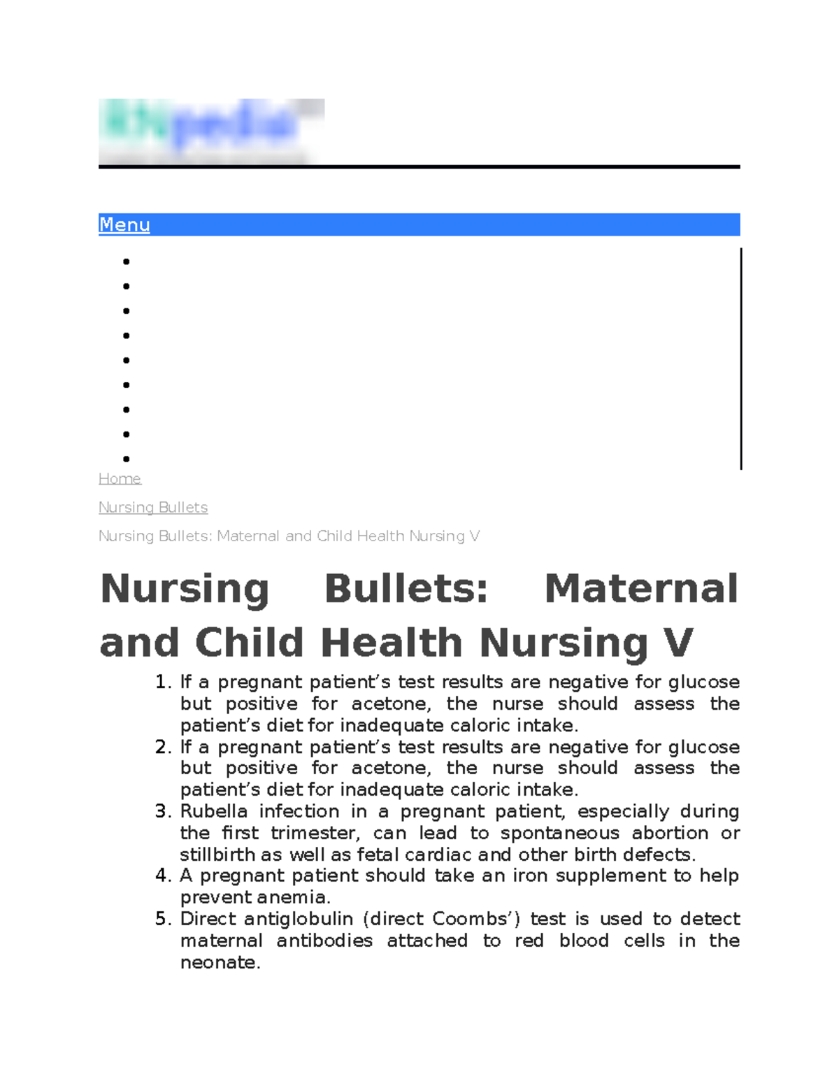 Maternal and Child Health Nursing 5 Bullets - Menu HOME NURSING NOTES ...