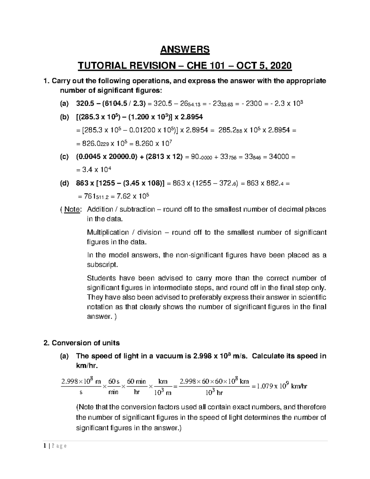 Answers -Revision Tutorial CHE 101 - Oct 5 - ANSWERS TUTORIAL REVISION – CHE 101 – OCT 5, 2020 ...