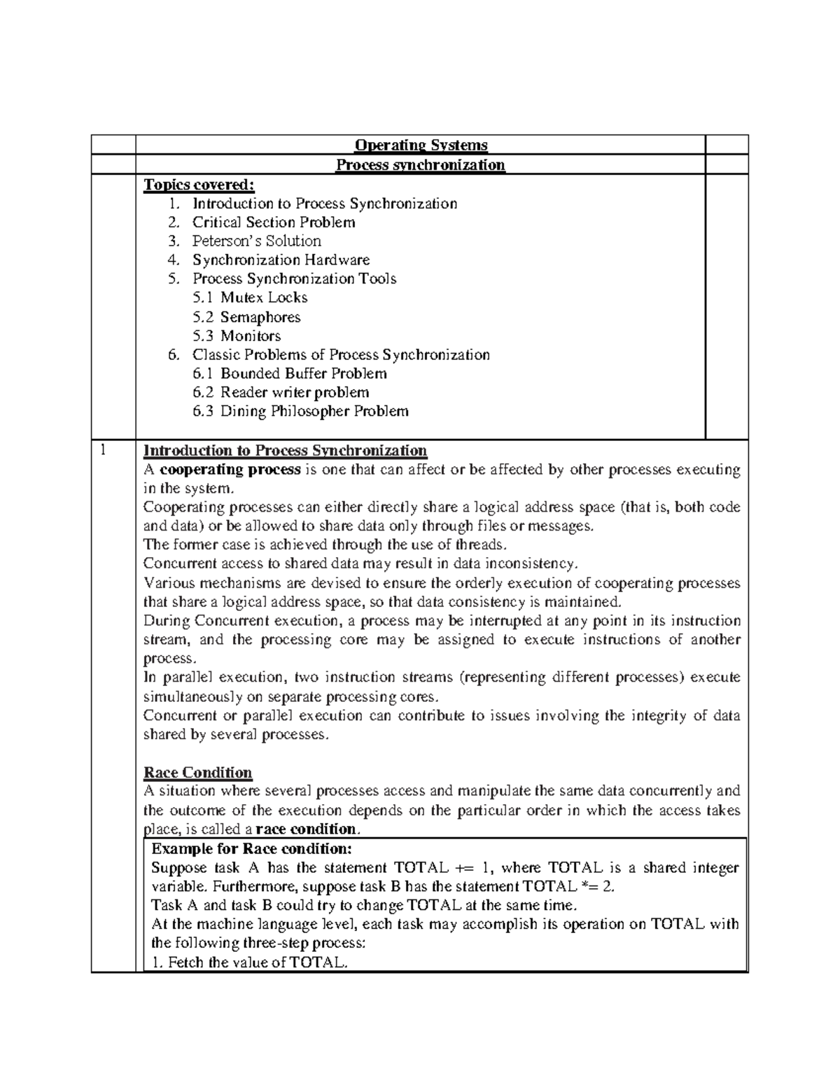 Process synchronization - Operating Systems Process synchronization Topics covered: 1 ...