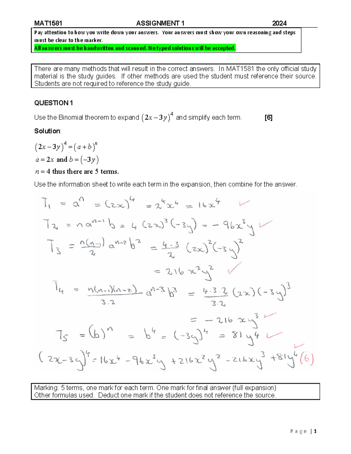 2024 Solutions Assignment 1 MAT1581 - ####### Pay attention to how you write down your answers ...