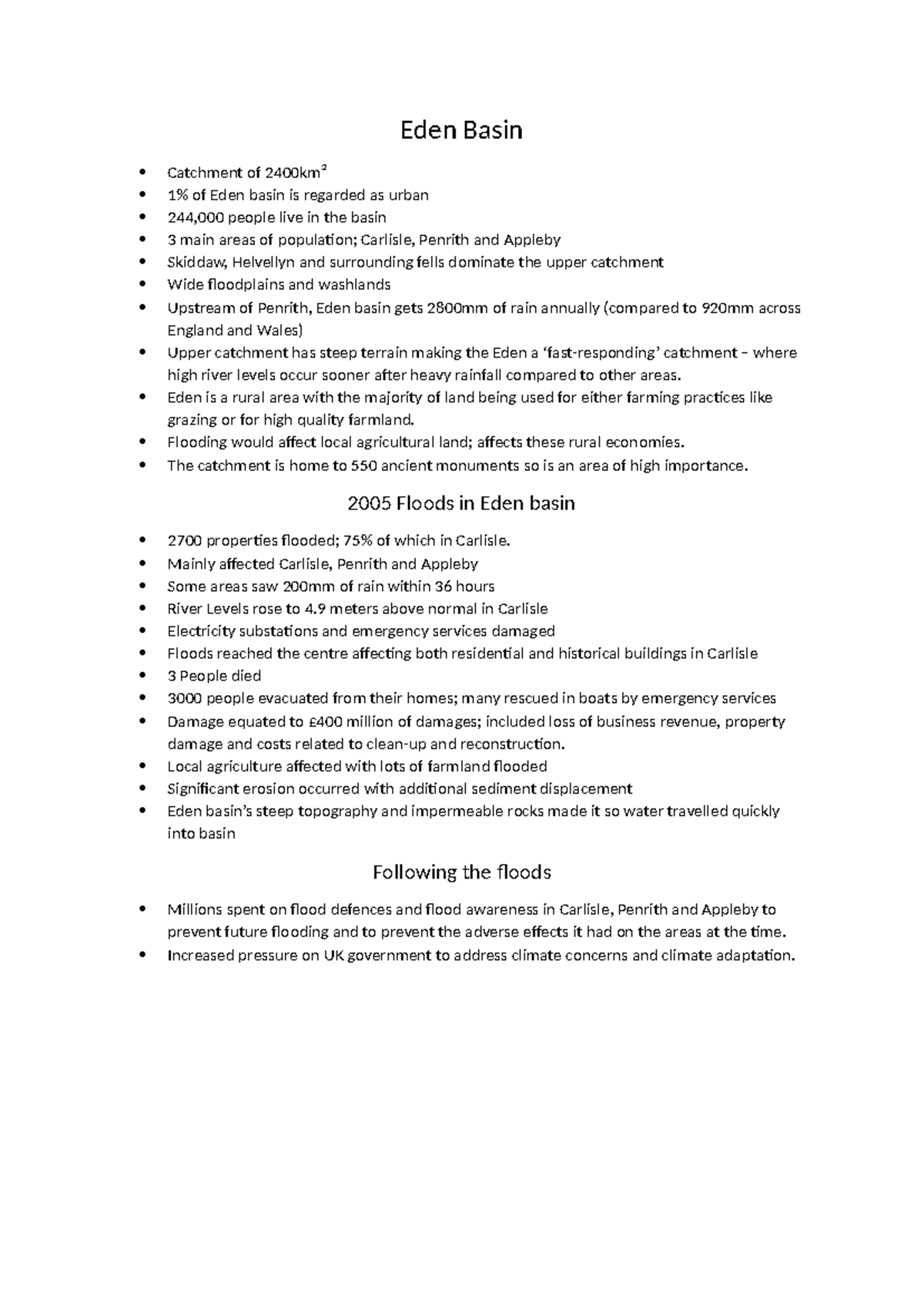 Eden Basin - Eden Basin Catchment of 2400km 2 1% of Eden basin is ...