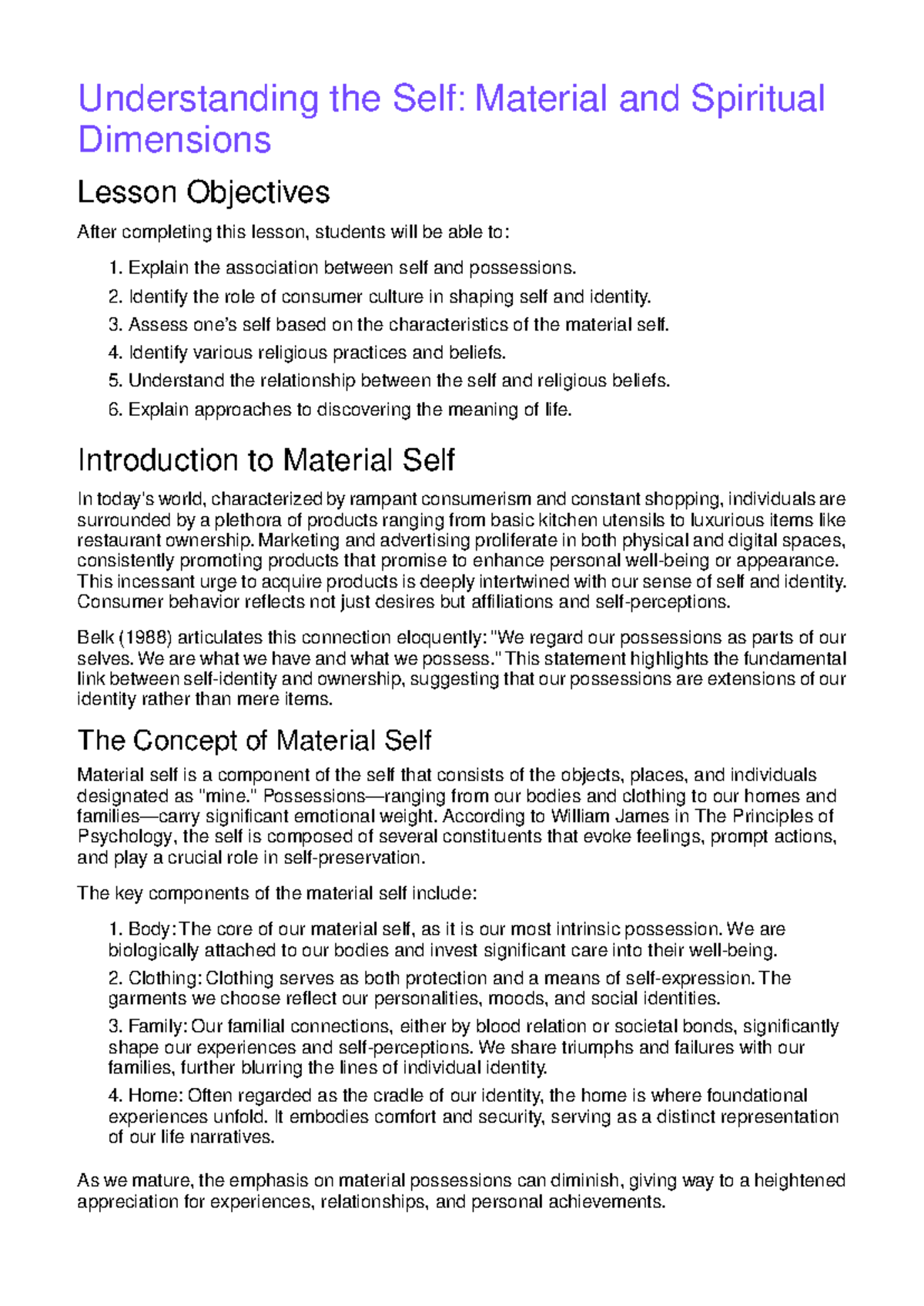 Material AND Spiritual SELF - Understanding the Self: Material and ...