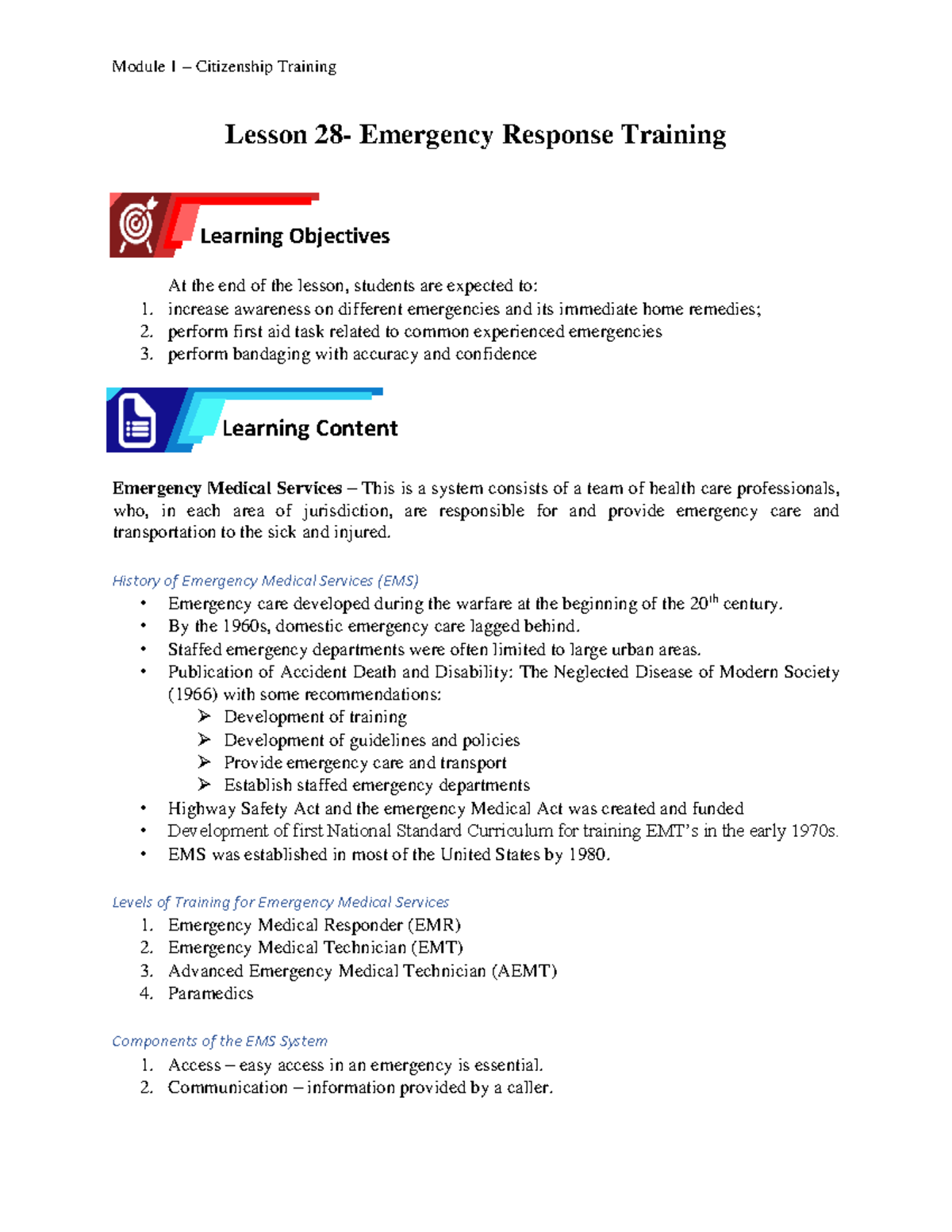 Lesson 28 - Lesson 28- Emergency Response Training Learning Objectives ...
