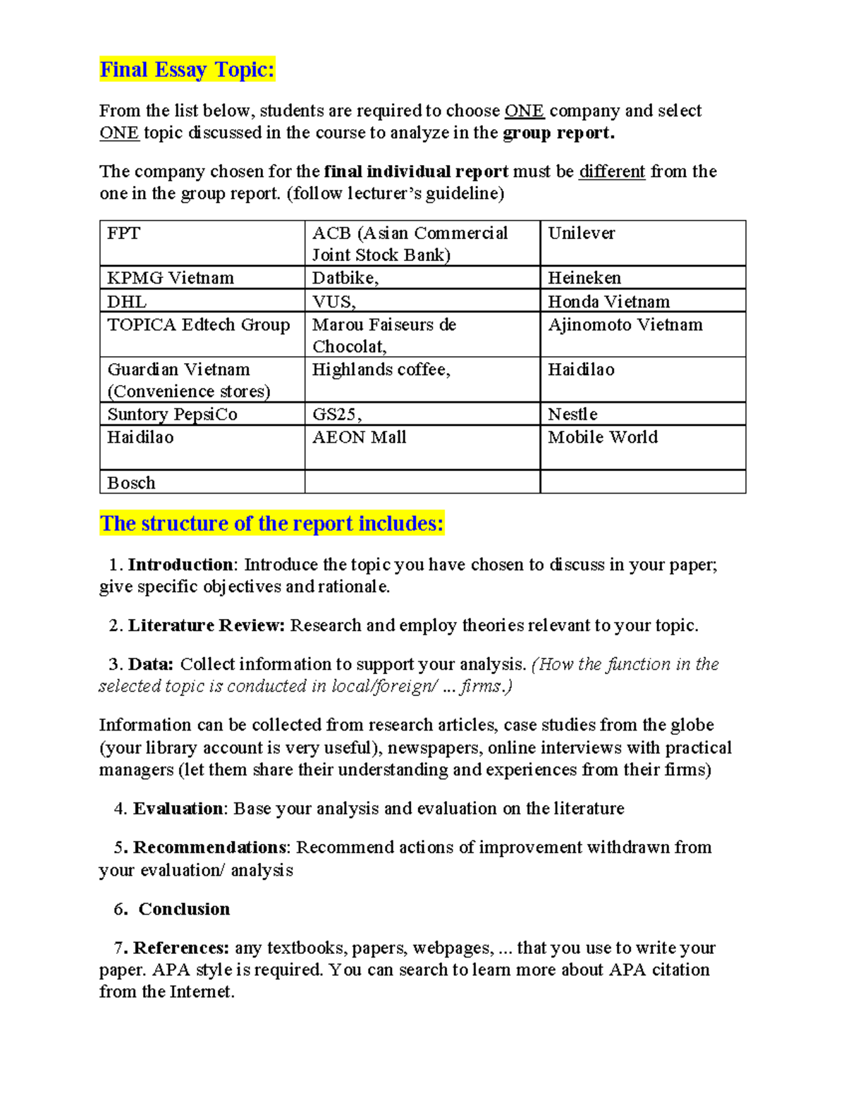 HRM T124 Final Individual report guideline - Final Essay Topic: From ...