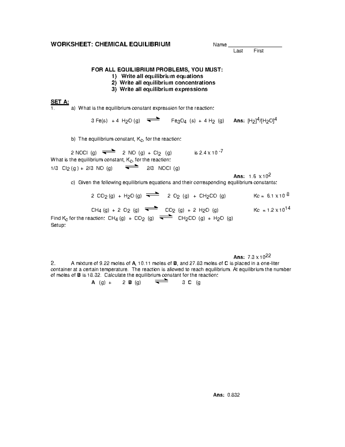 Worksheet Equilibrium - WORKSHEET: CHEMICAL EQUILIBRIUM Name ...