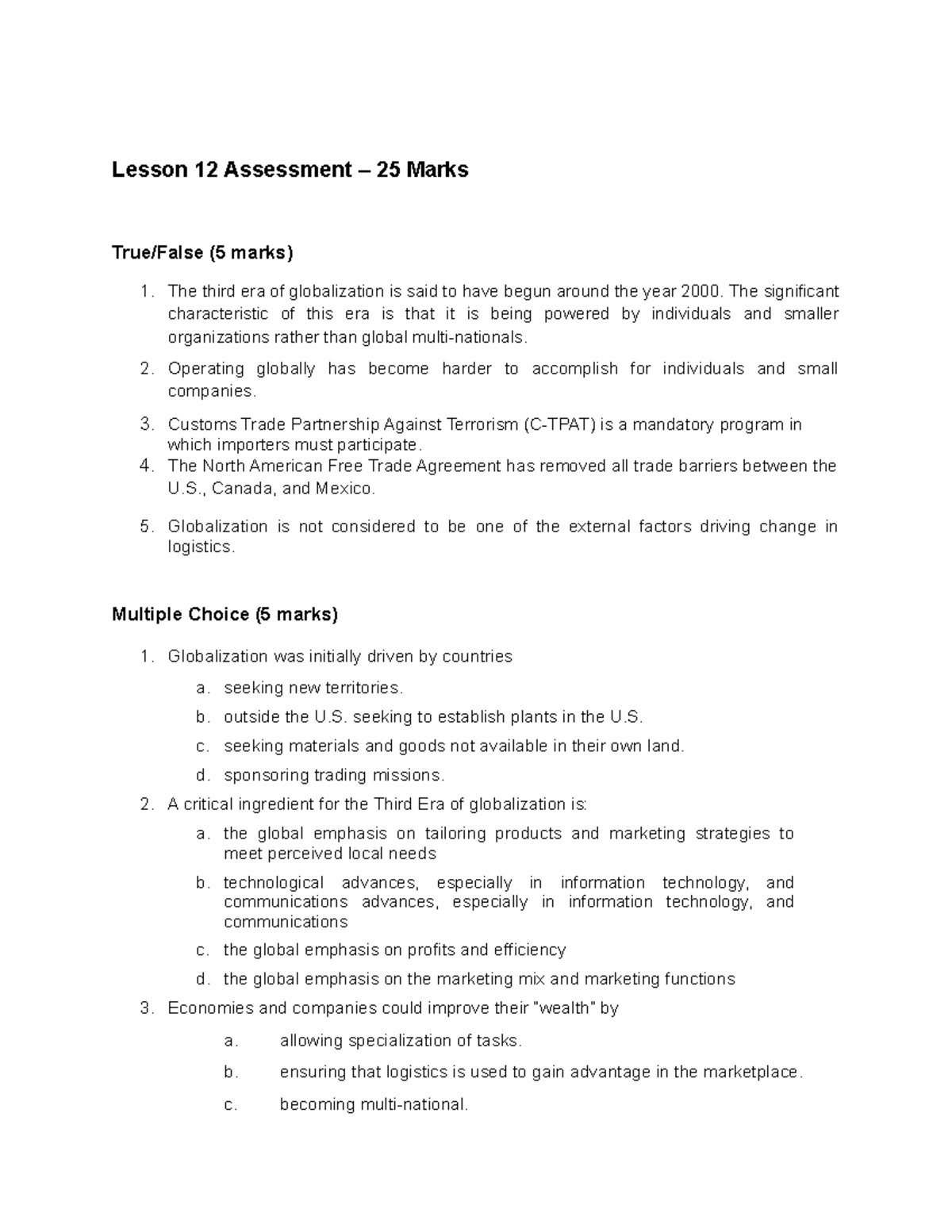 Lesson 12 Assessment - Copy - Lesson 12 Assessment – 25 Marks True ...