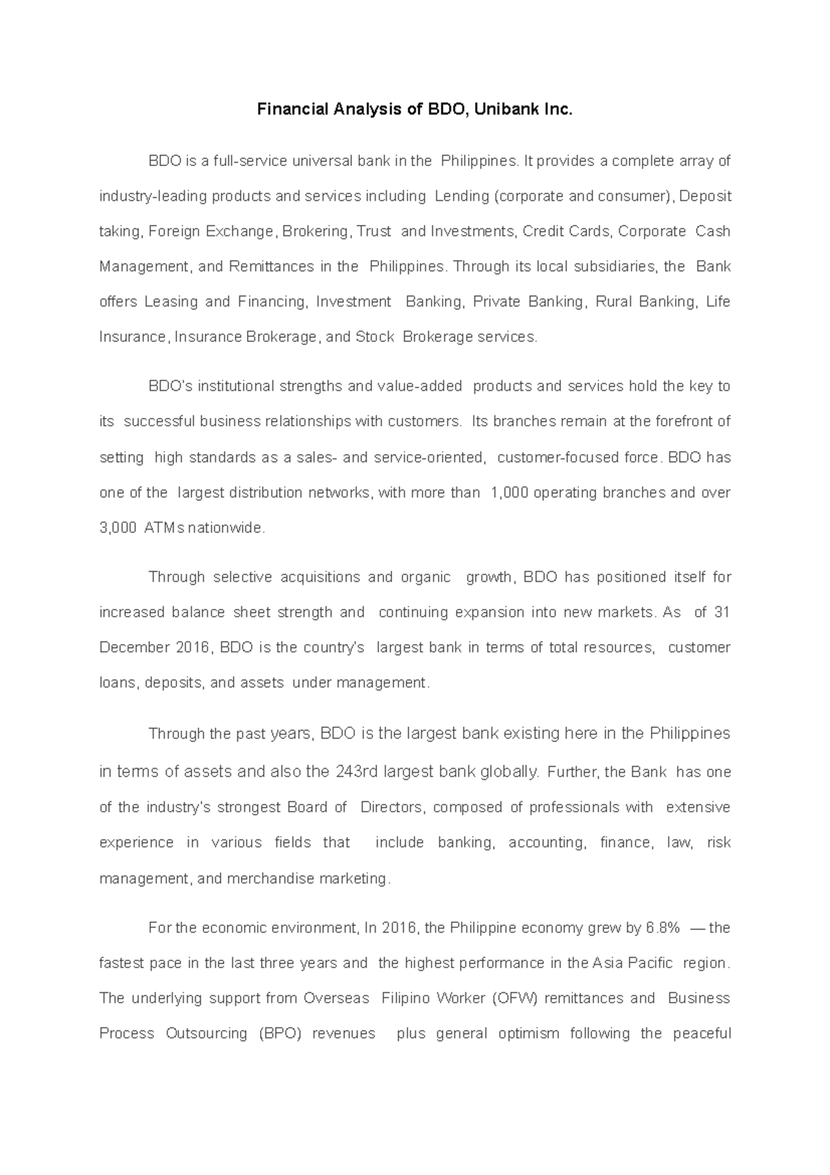 Financial Analysis - BDO is a full-service universal bank in the ...