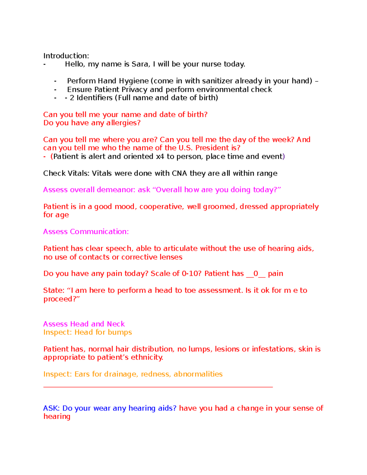 Head to toe assessment (script) - Introduction: Hello, my name is Sara ...