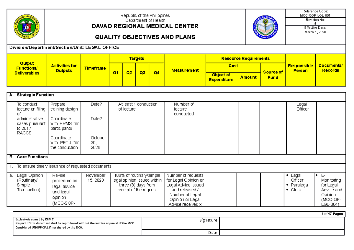 Example of Quality Objective used in International Organization for ...