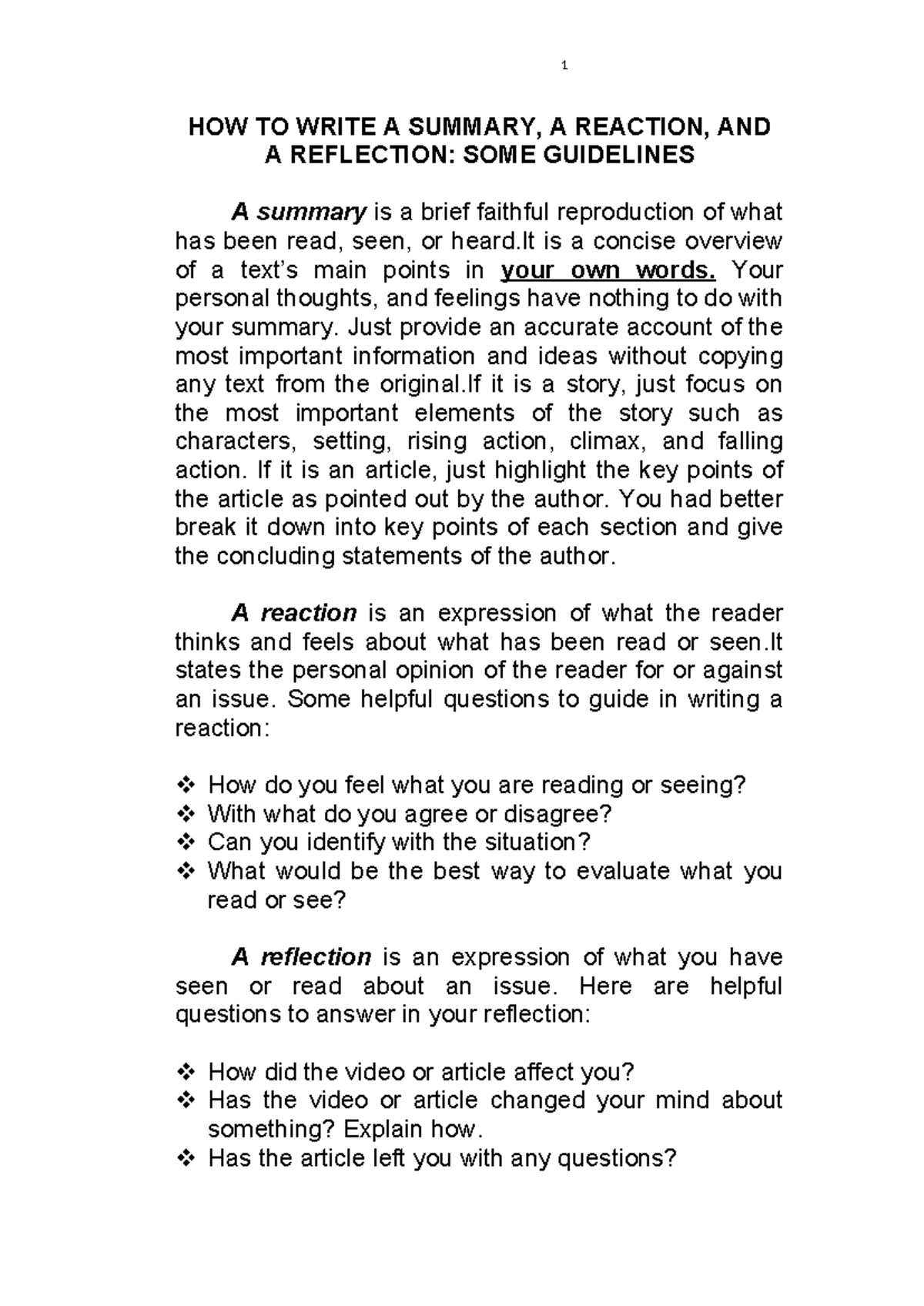 HOW TO Write A Summary - lkjy - 1 HOW TO WRITE A SUMMARY, A REACTION ...