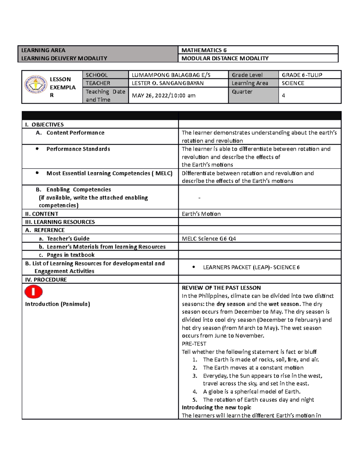 Pivot-4A- Lesson- Exemplar Grade-6-COT-2 may 26, 2022 - LEARNING AREA ...