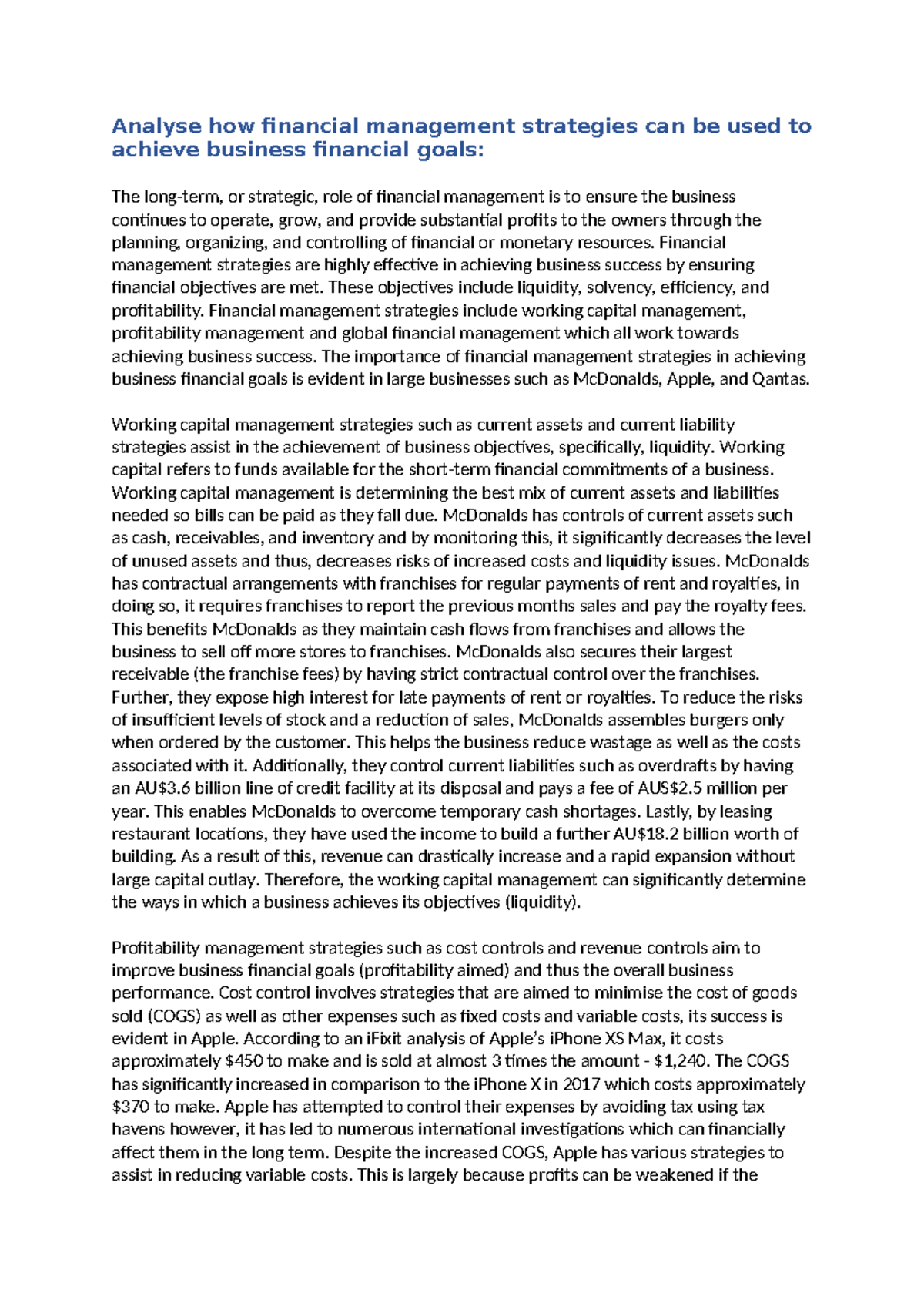 Practice Business Essay - Analyse how financial management strategies ...