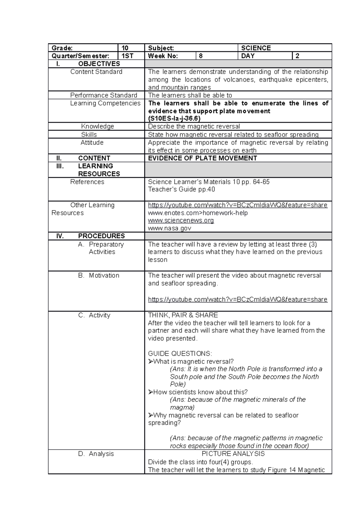 G10 1QTR WEEK8 DAY2 Lariosa - Grade: 10 Subject: SCIENCE Quarter ...