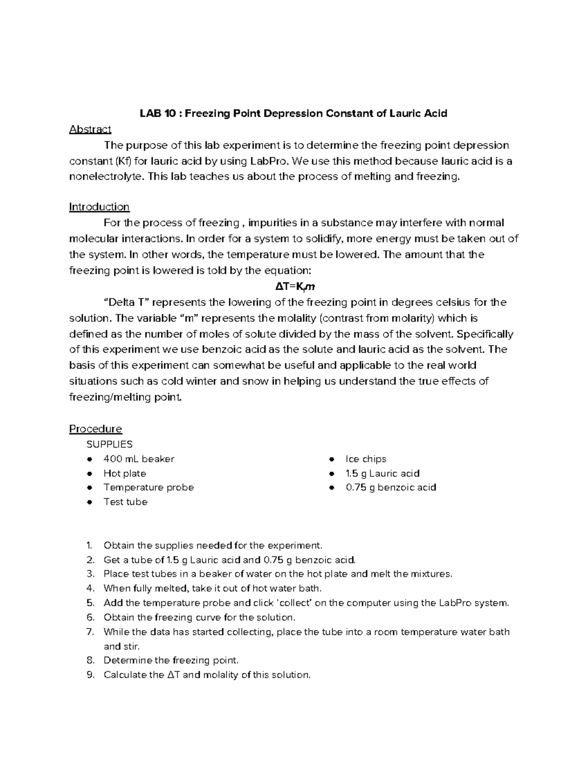 Lab Report Freezing Point Depression Constant of Lauric Acid - LAB 10 ...