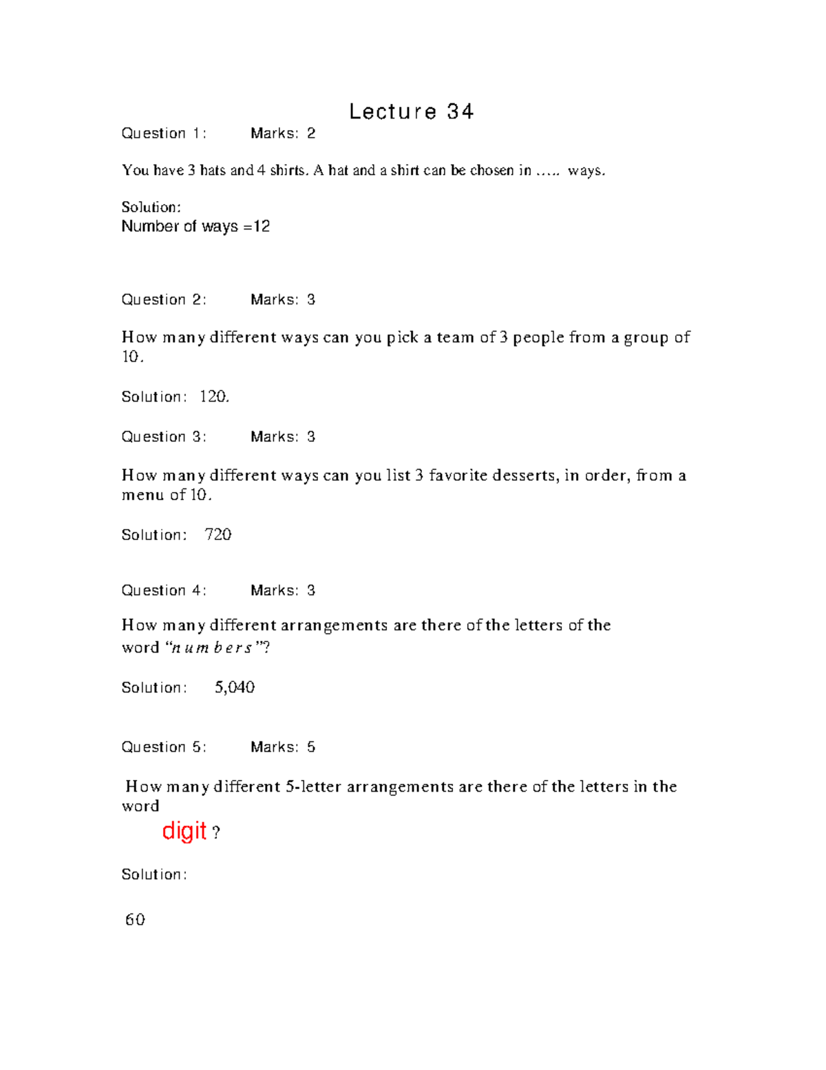 Lecture 34-40 PQs - none - ####### Quest ion 1: Mar k s: 2 ####### You ...