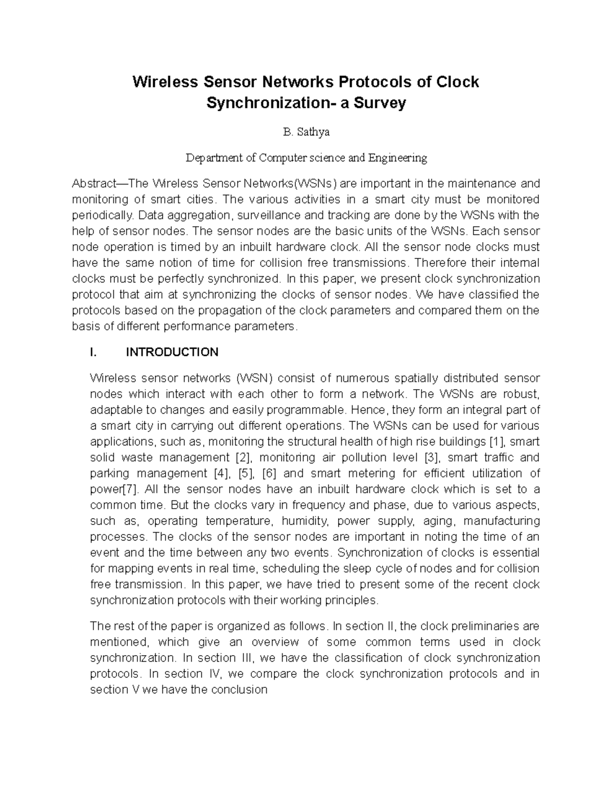 Wireless Sensor Networks Protocols Of Clock Synchronization Sathya Department Of Computer