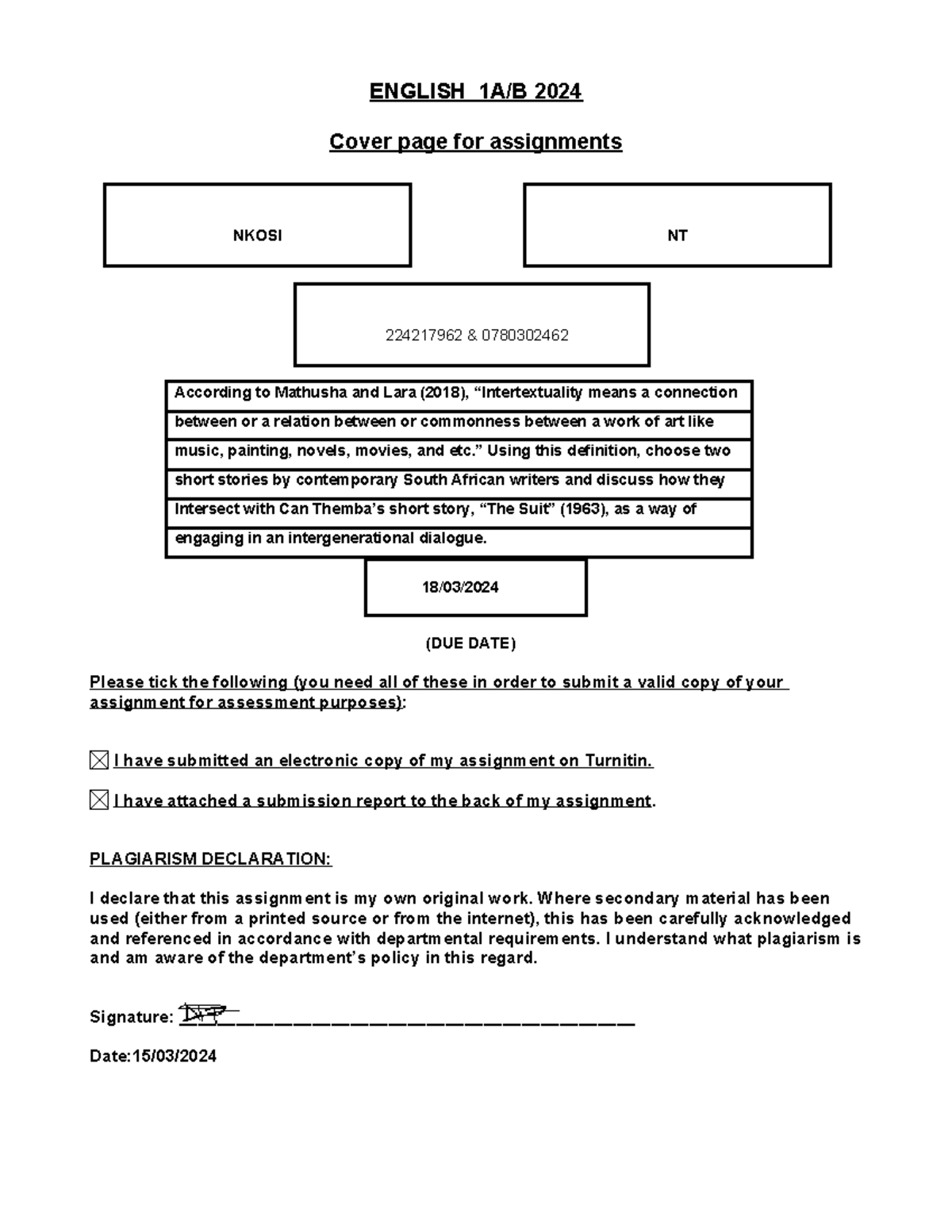 English 1AB Cover page 2024 - ENGLISH 1A/B 2024 Cover page for ...