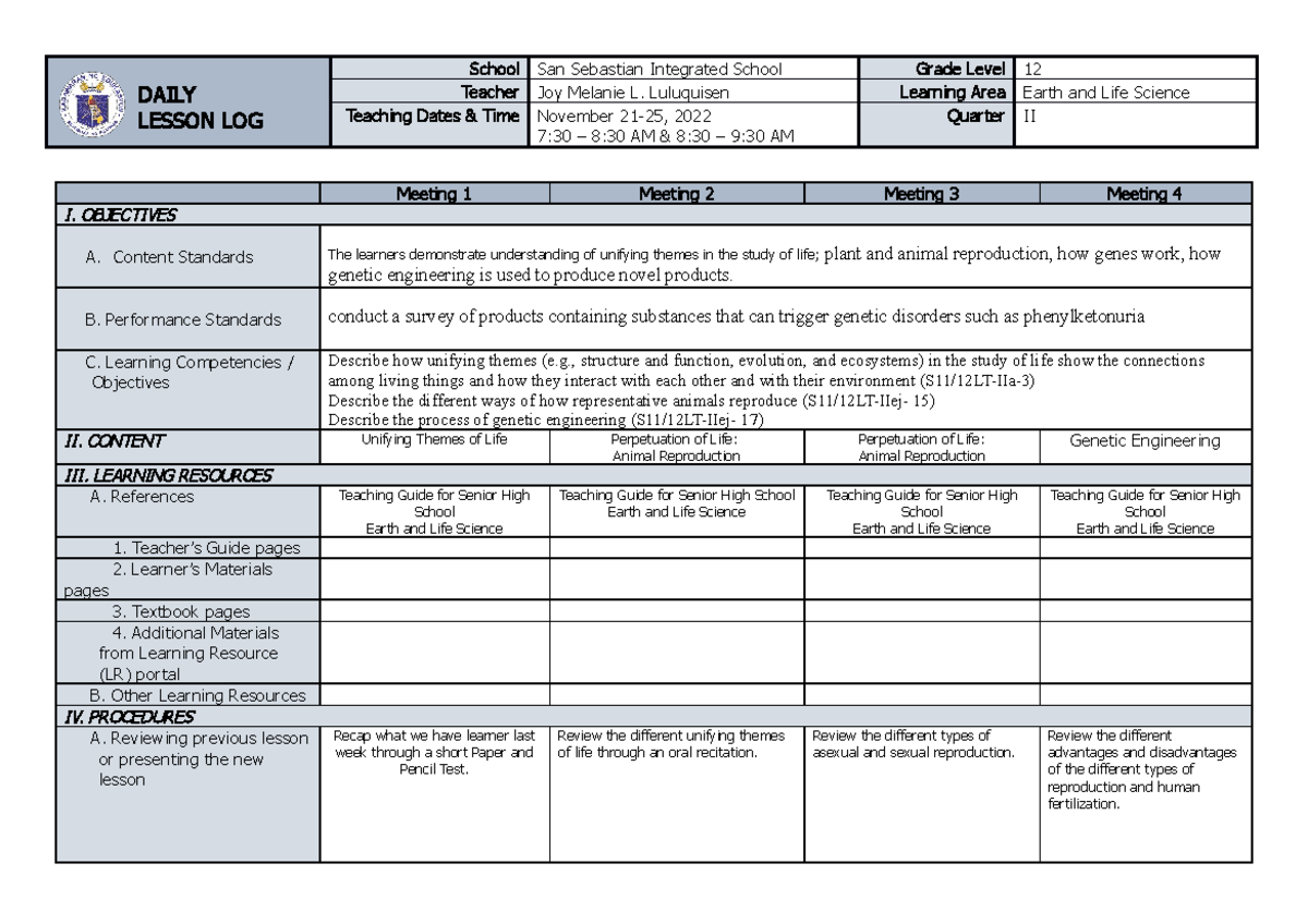 DLL Q2 Wk2 EALS - DAILY LESSON LOG School San Sebastian Integrated ...
