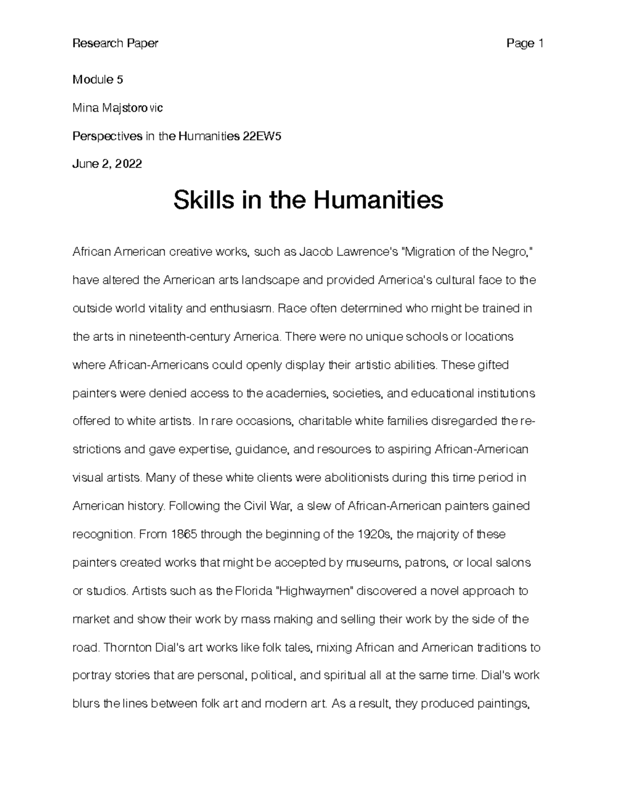 Skills in the Humanities (PDF) - Research Paper Page 1 Module 5 Mina ...