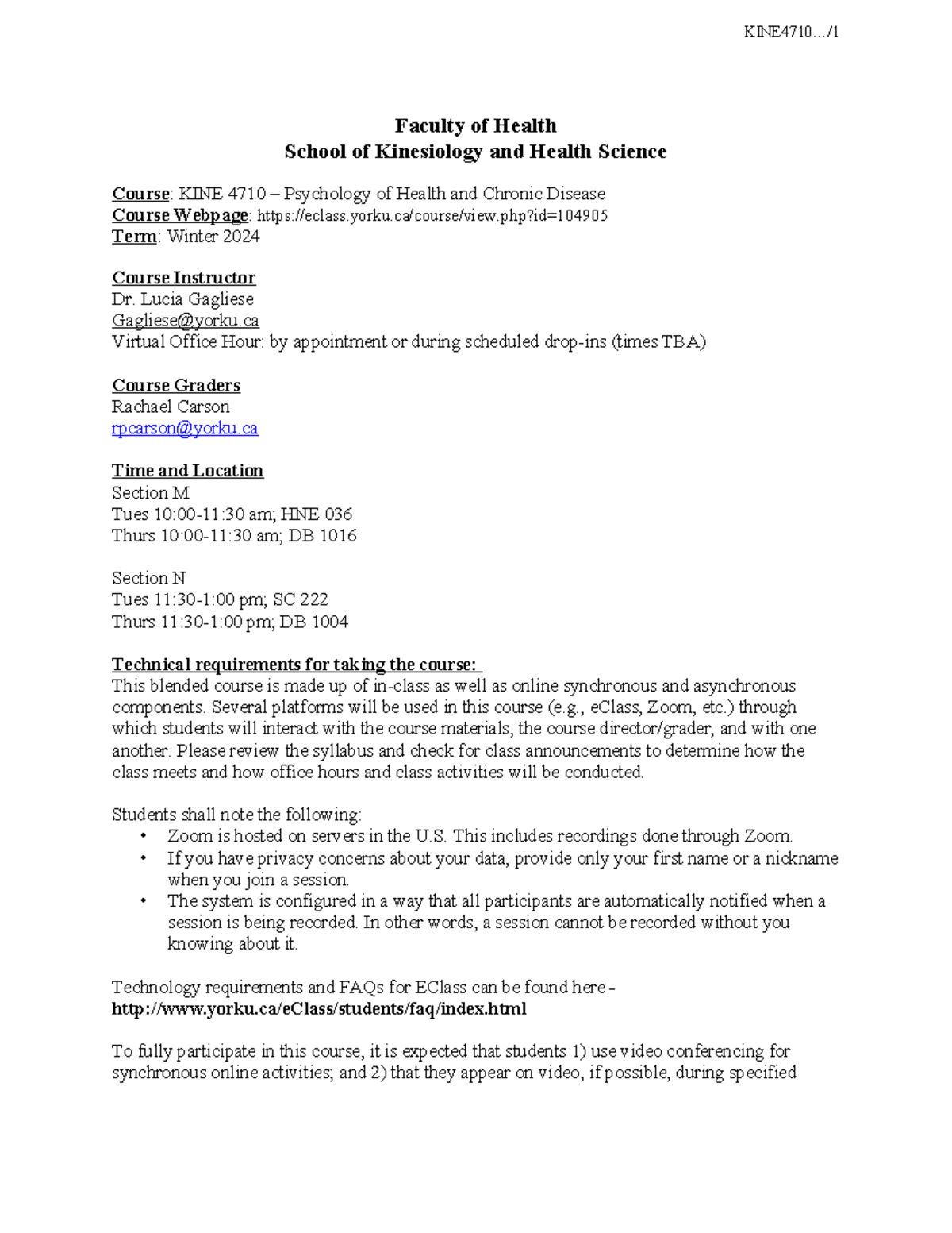 KINE4710 W2024 Syllabus - Faculty of Health School of Kinesiology and ...