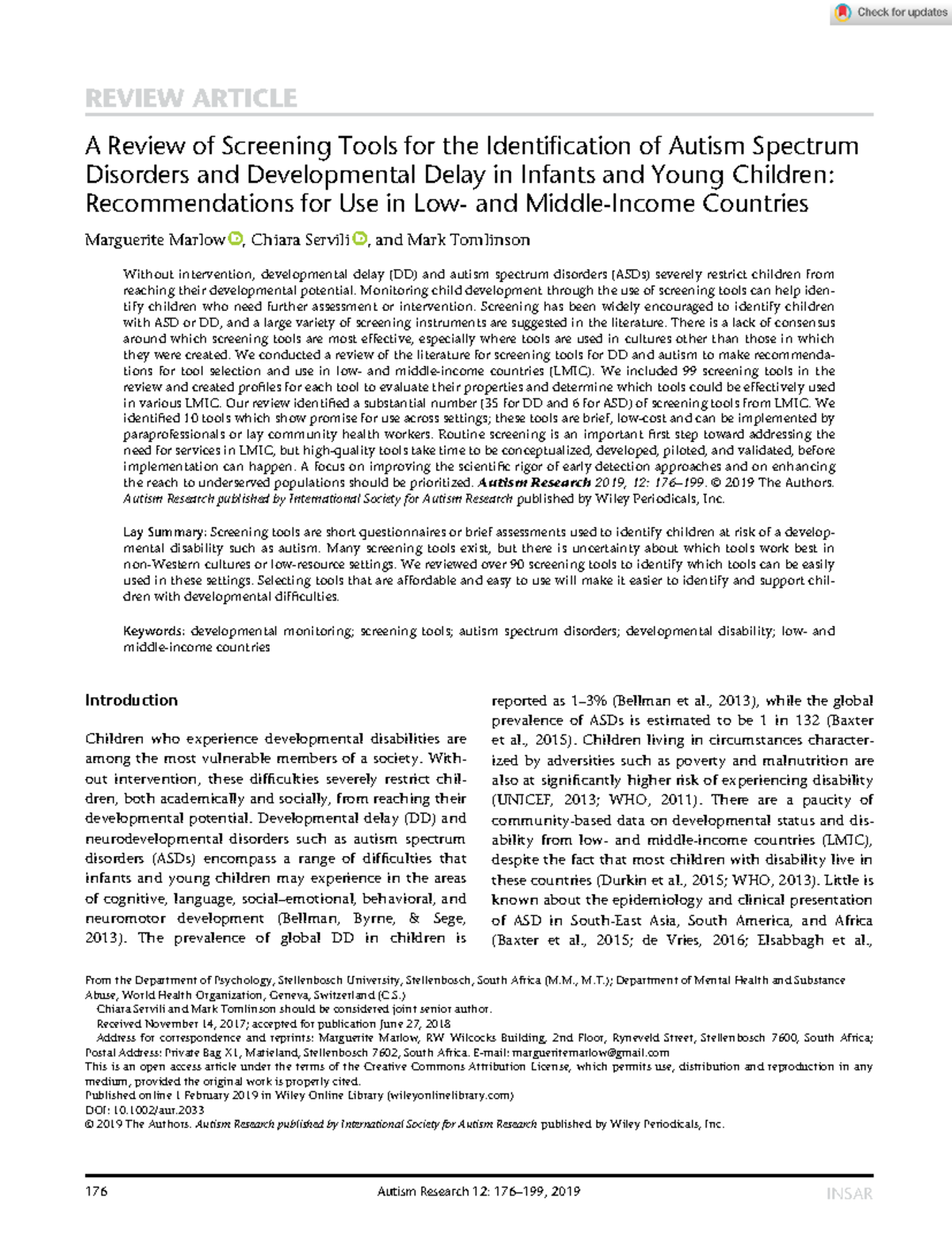 Autism Research - 2019 - Marlow - A review of screening tools for the identification of autism ...