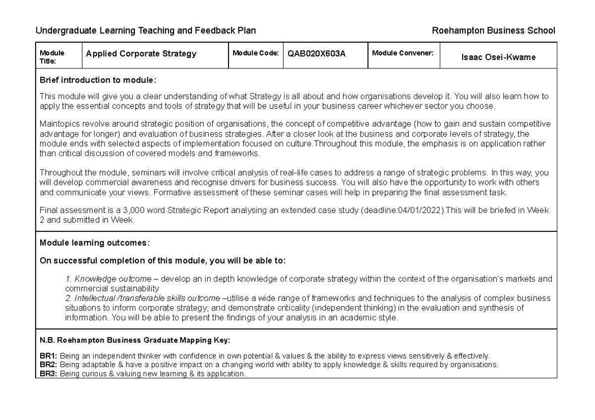 LTAF Applied Corporate Strategy 2020 21 - Roehampton - Studocu