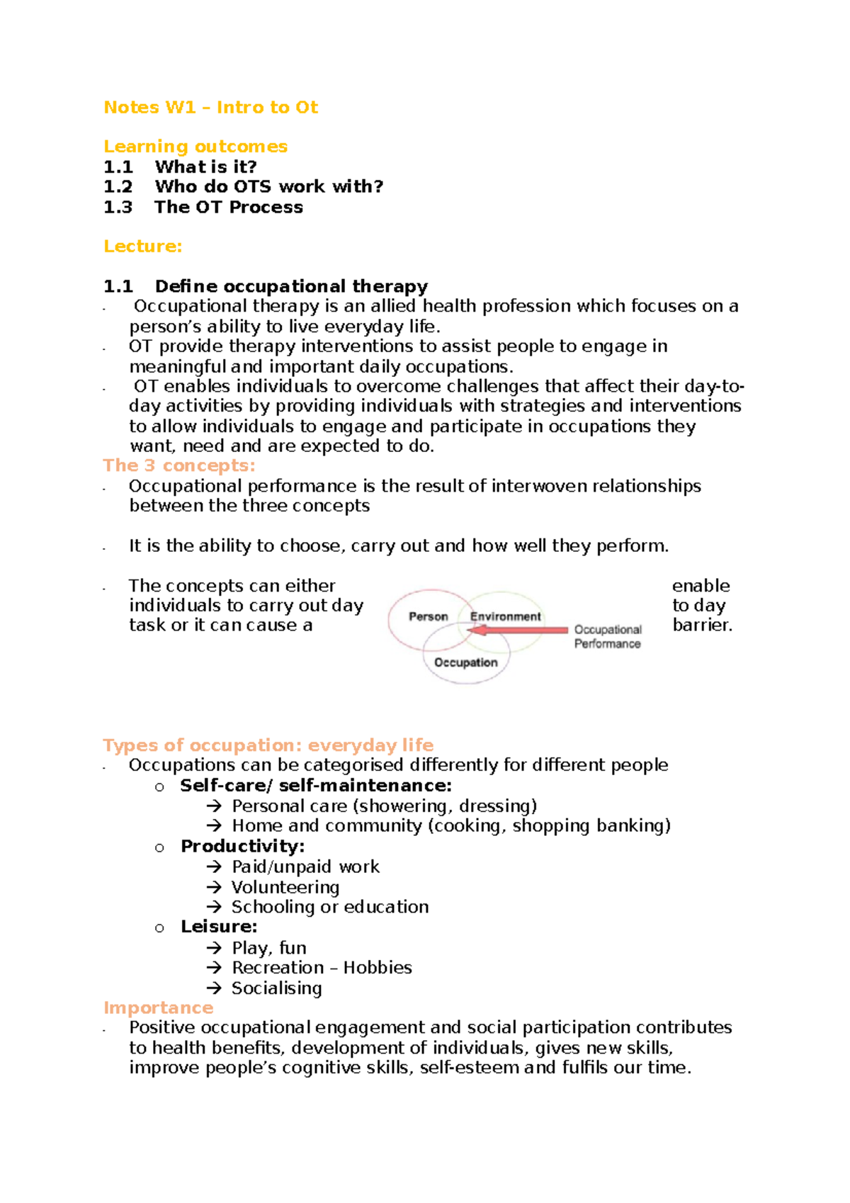 Week 1 - Week 1 notes full unit points - Notes W1 – Intro to Ot ...