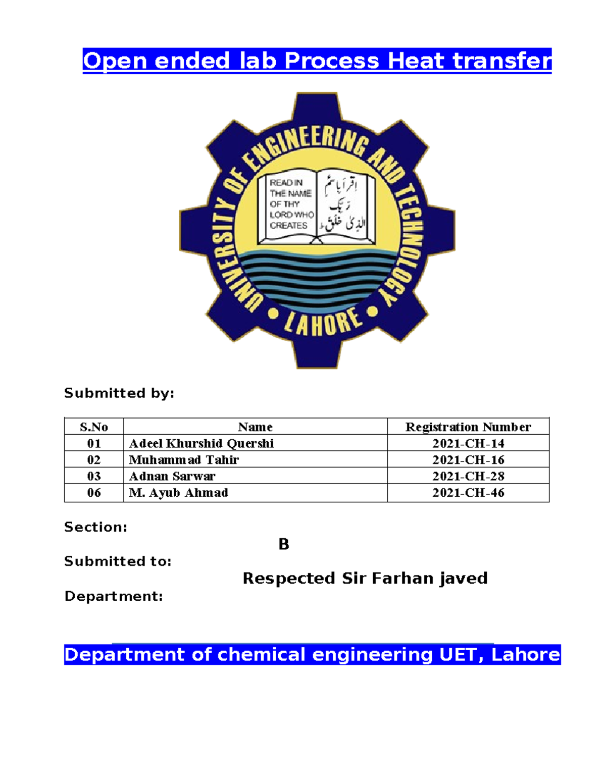 PHT OEL - Open ended lab Process Heat transfer Submitted by: S Name ...