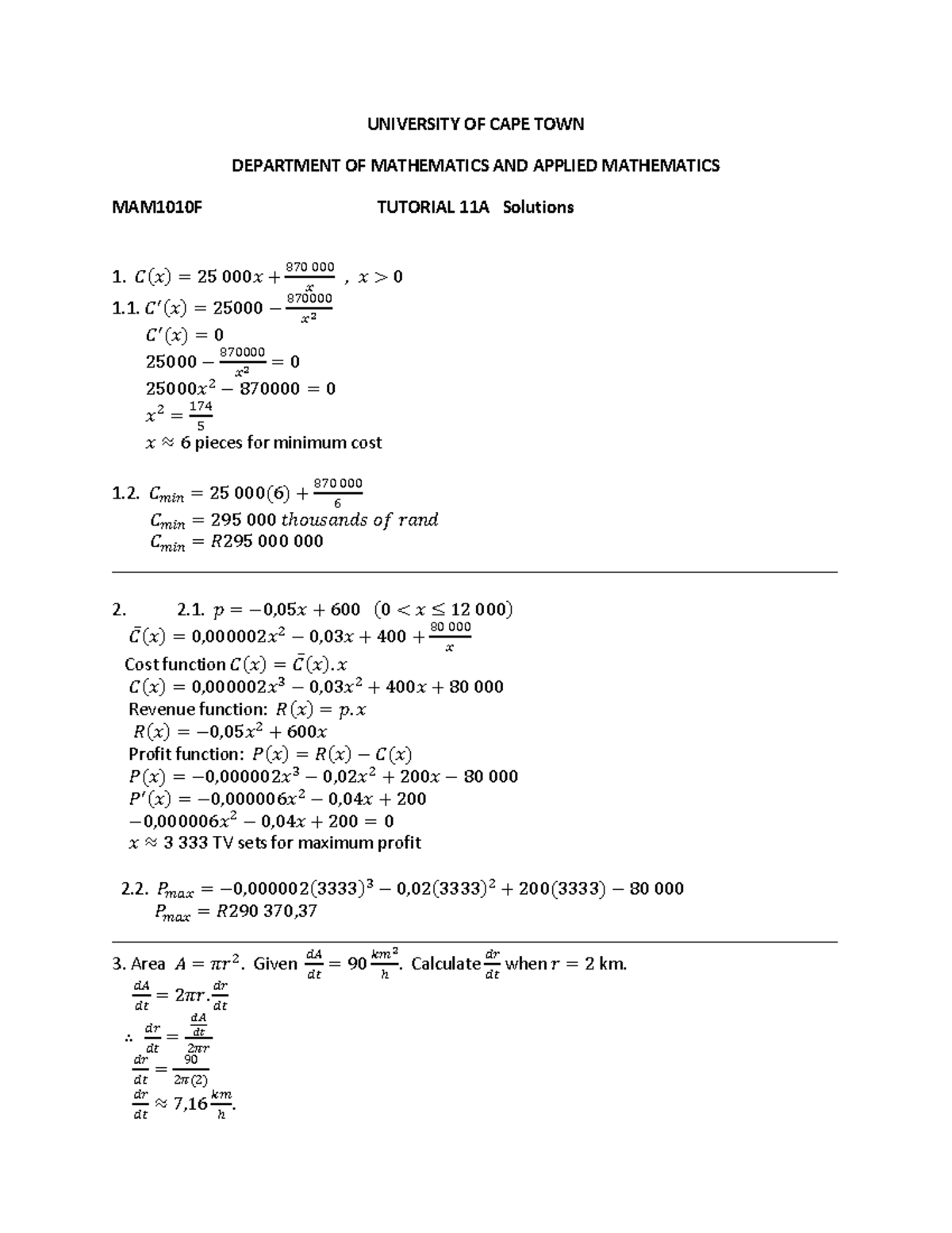 Tutorial 11A Solutions - UNIVERSITY OF CAPE TOWN DEPARTMENT OF MATHEMATICS AND APPLIED ...