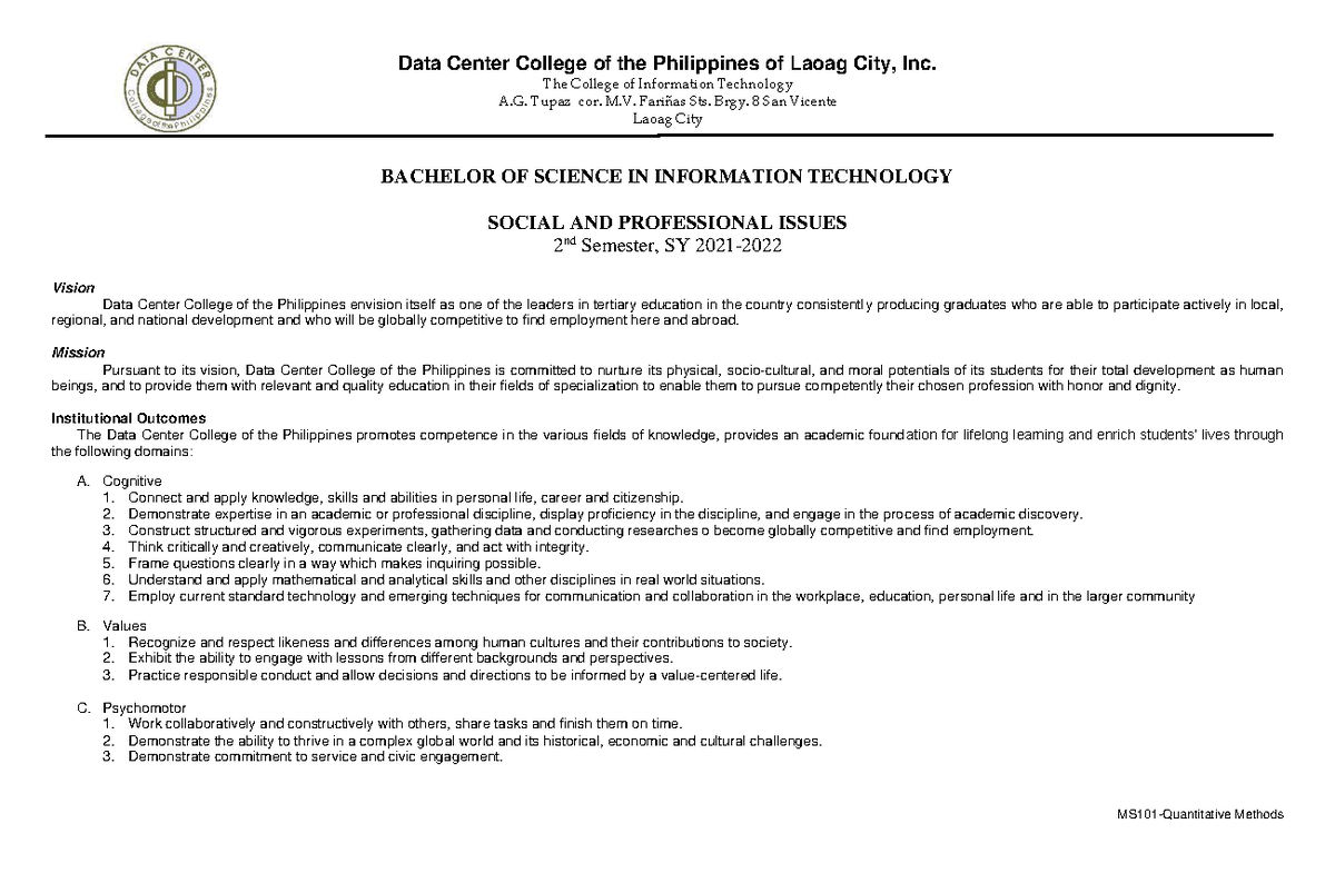 SP101-Social and Professional Issues - The College of Information ...