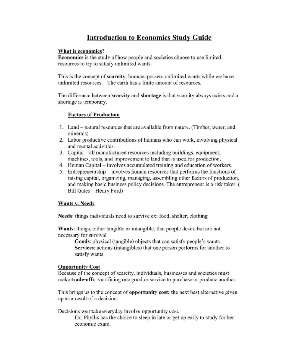 Test 1 study guide - Introduction to Economics Study Guide What is ...